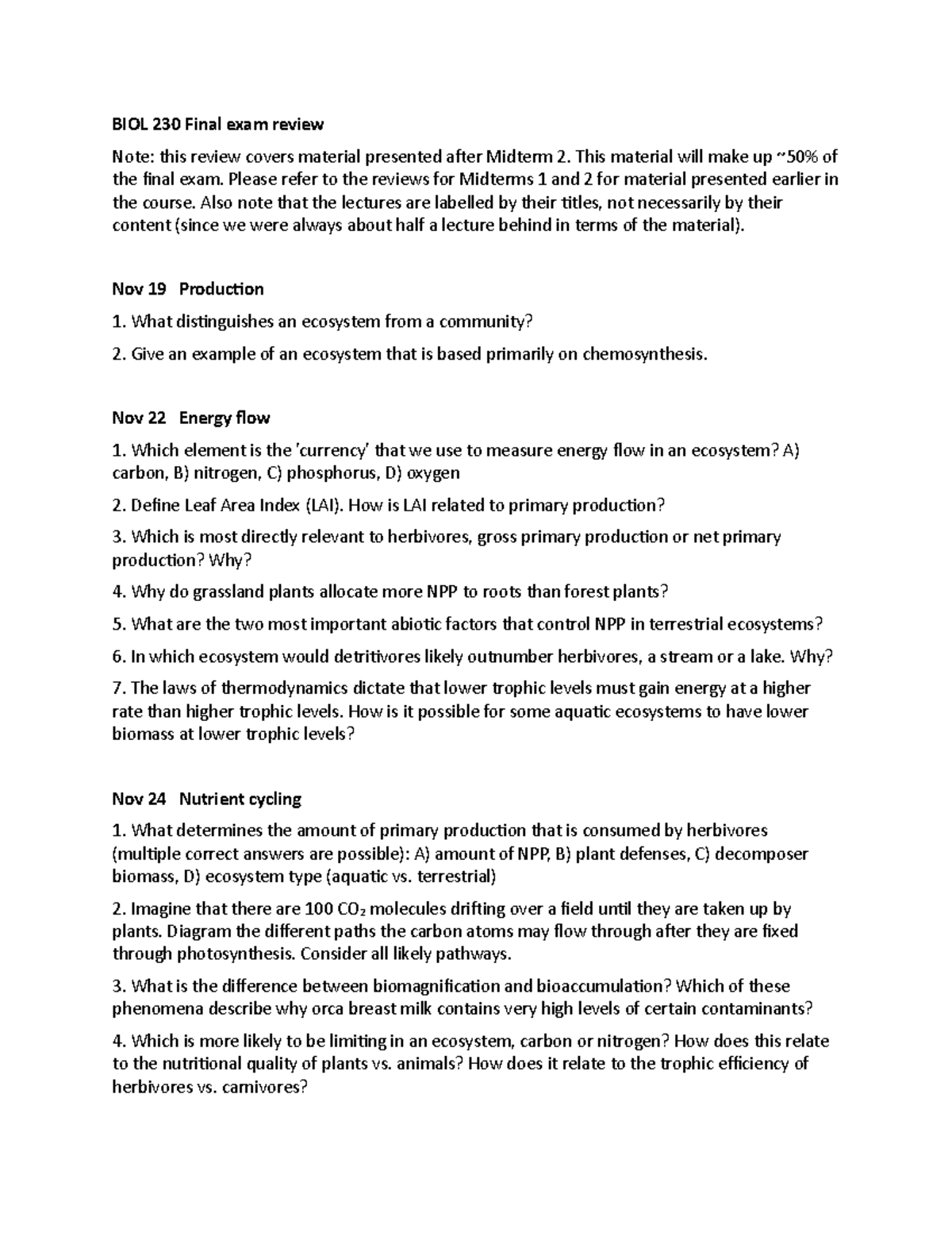 BIOL 230 Final exam review - BIOL 230 Final exam review Note: this ...