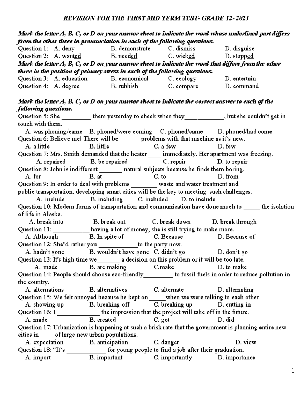 DE ON TAP GIUA KI I 2023 lop 12 - REVISION FOR THE FIRST MID TERM TEST ...