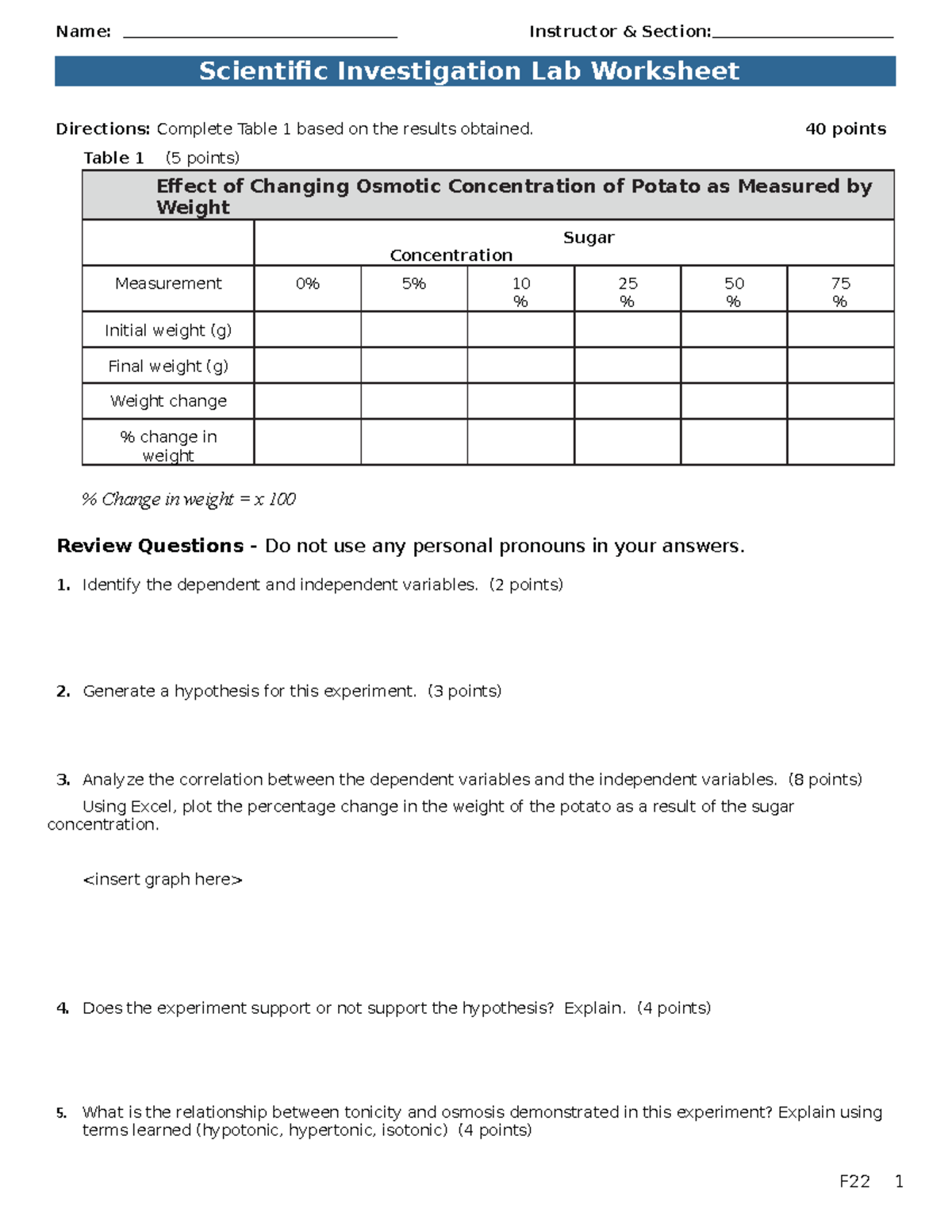 F22 Scientific Investigation Worksheet - Directions: Complete Table 1 ...