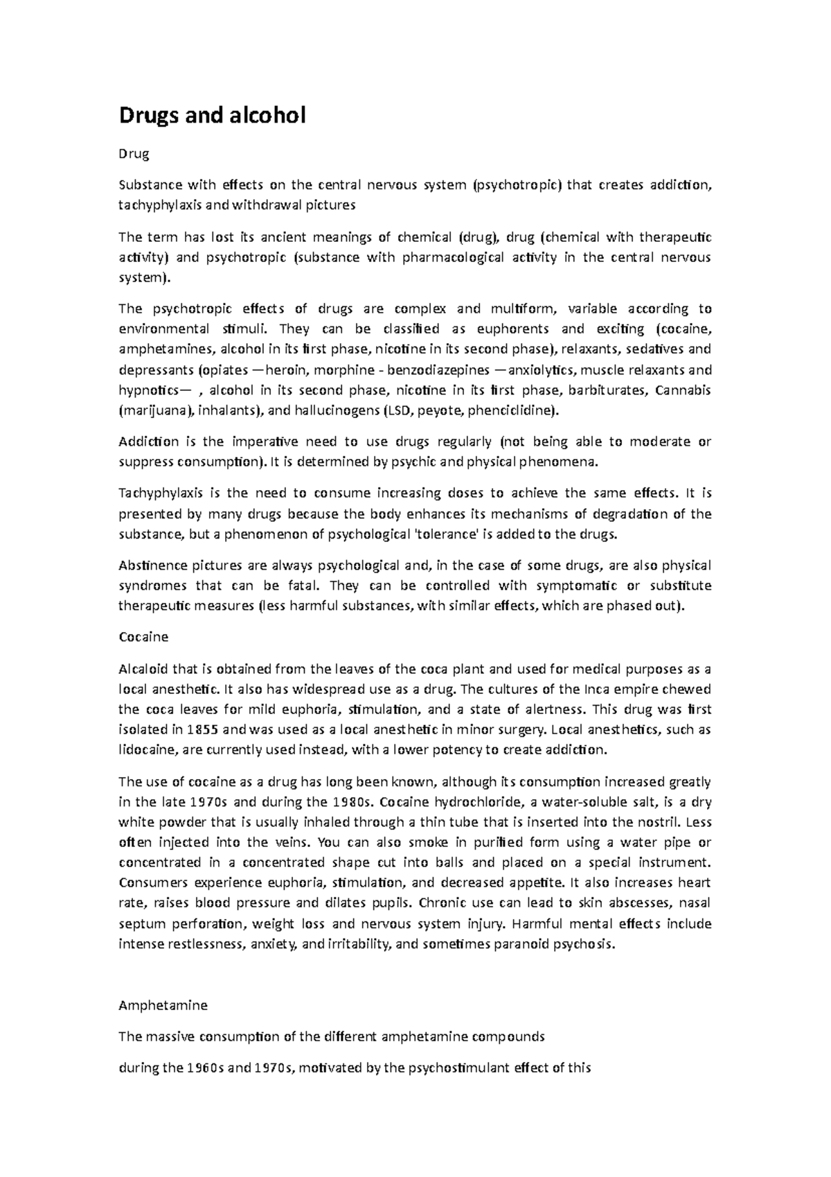 Drugs and alcohol - Lecture notes 3 - Drugs and alcohol Drug Substance ...