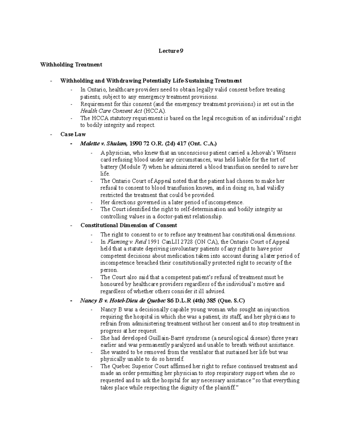 CLAW 326 Lecture 9 - Lecture 9 Withholding Treatment Withholding and ...