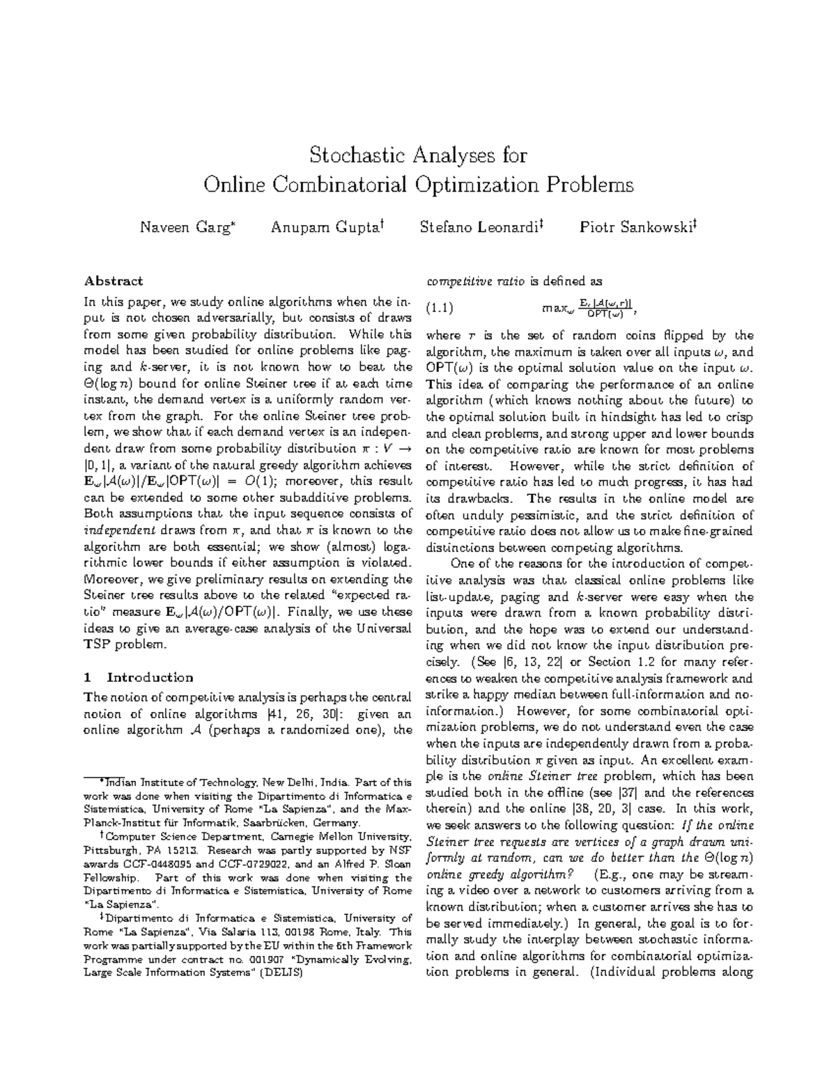 Stoch-online - Prof is Naveen Garg - Stochastic Analyses for Online Combinatorial Optimization ...