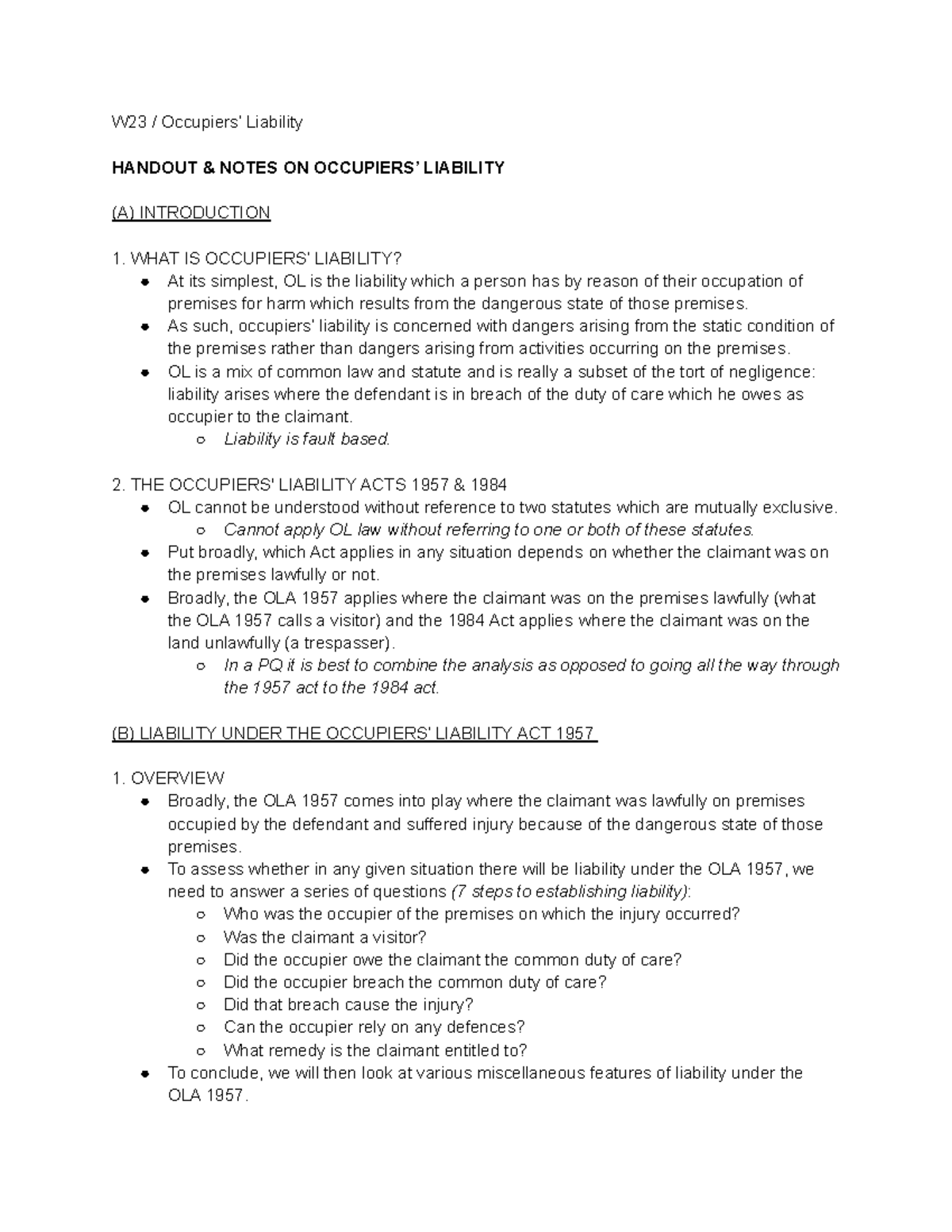 Occupiers’ Liability - W23 / Occupiers’ Liability HANDOUT & NOTES ON ...
