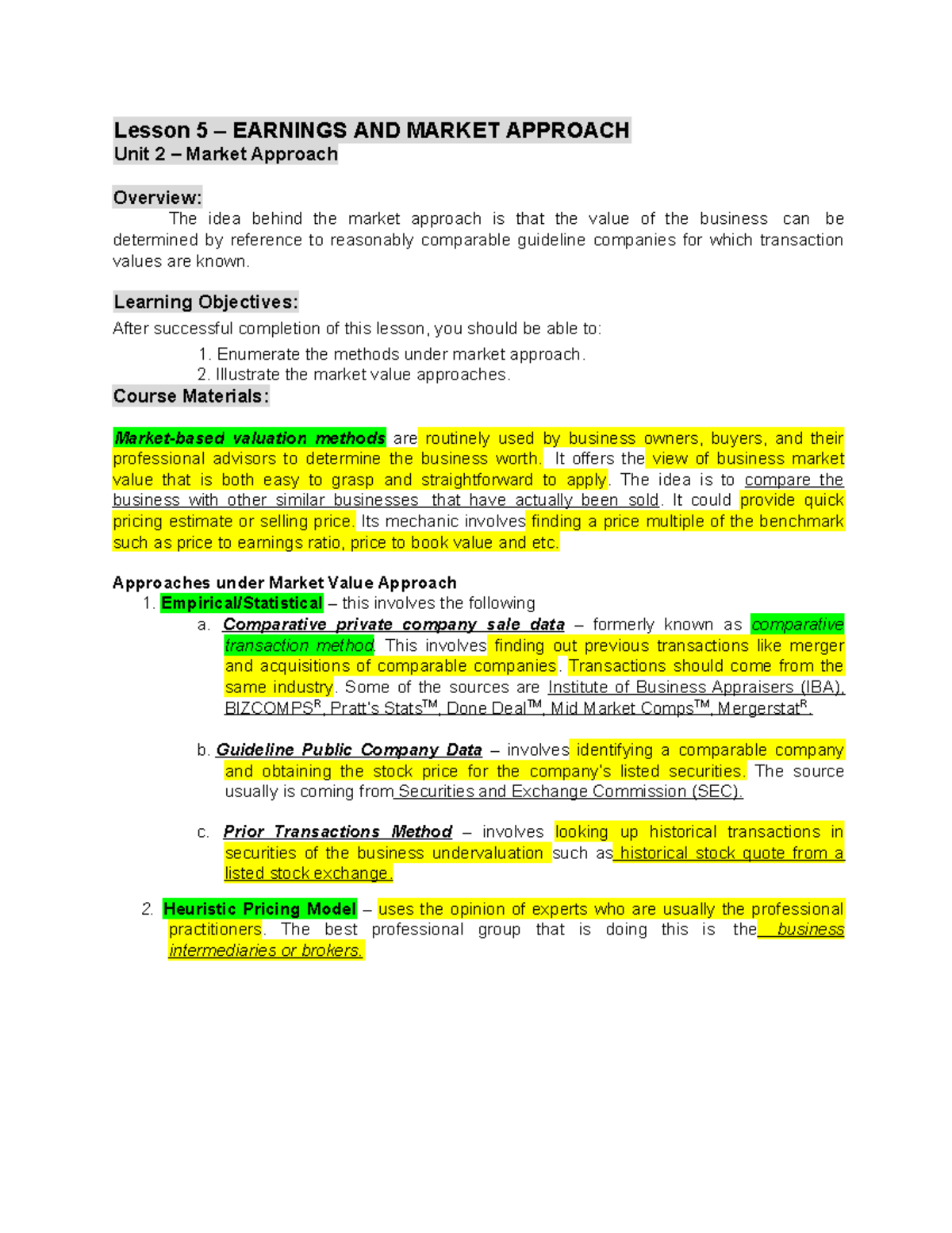 Lesson 5 Earnings AND Market Approach Unit 2 Market Approach - Lesson 5 ...