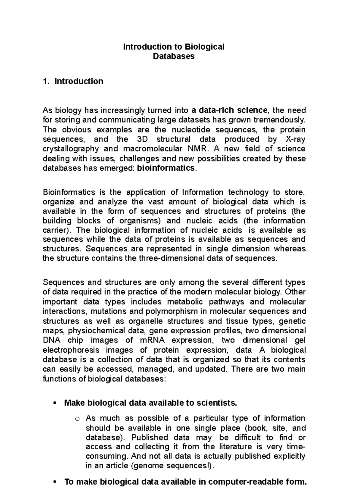 Biological Databases - Introduction to Biological Databases ...