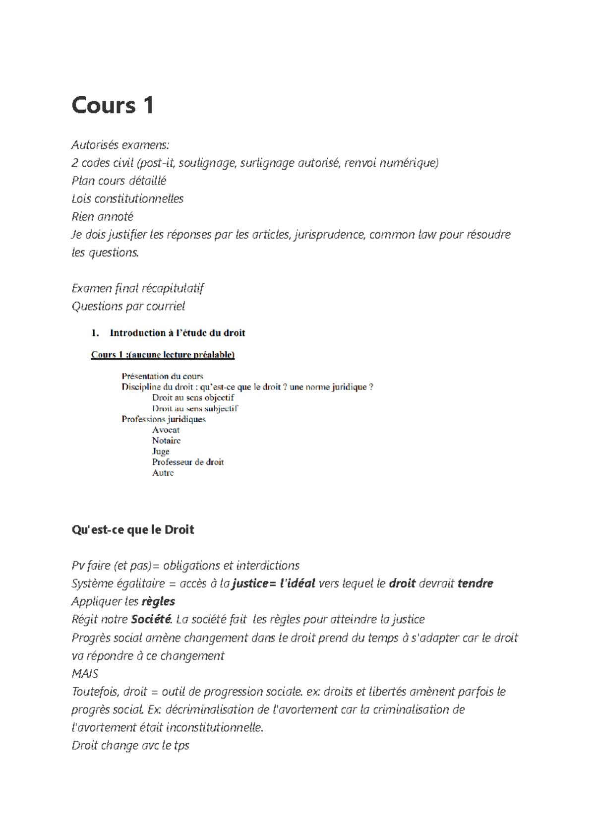 Intro-droit-tout - Cours 1-11 - Cours 1 Autorisés examens: 2 codes civil (post-it, soulignage ...