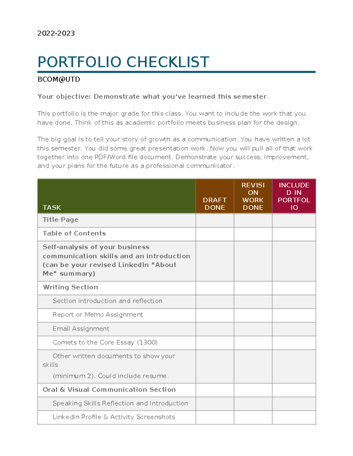 2022-2023 Portfolio Checklist - 2022- PORTFOLIO CHECKLIST BCOM@UTD Your ...