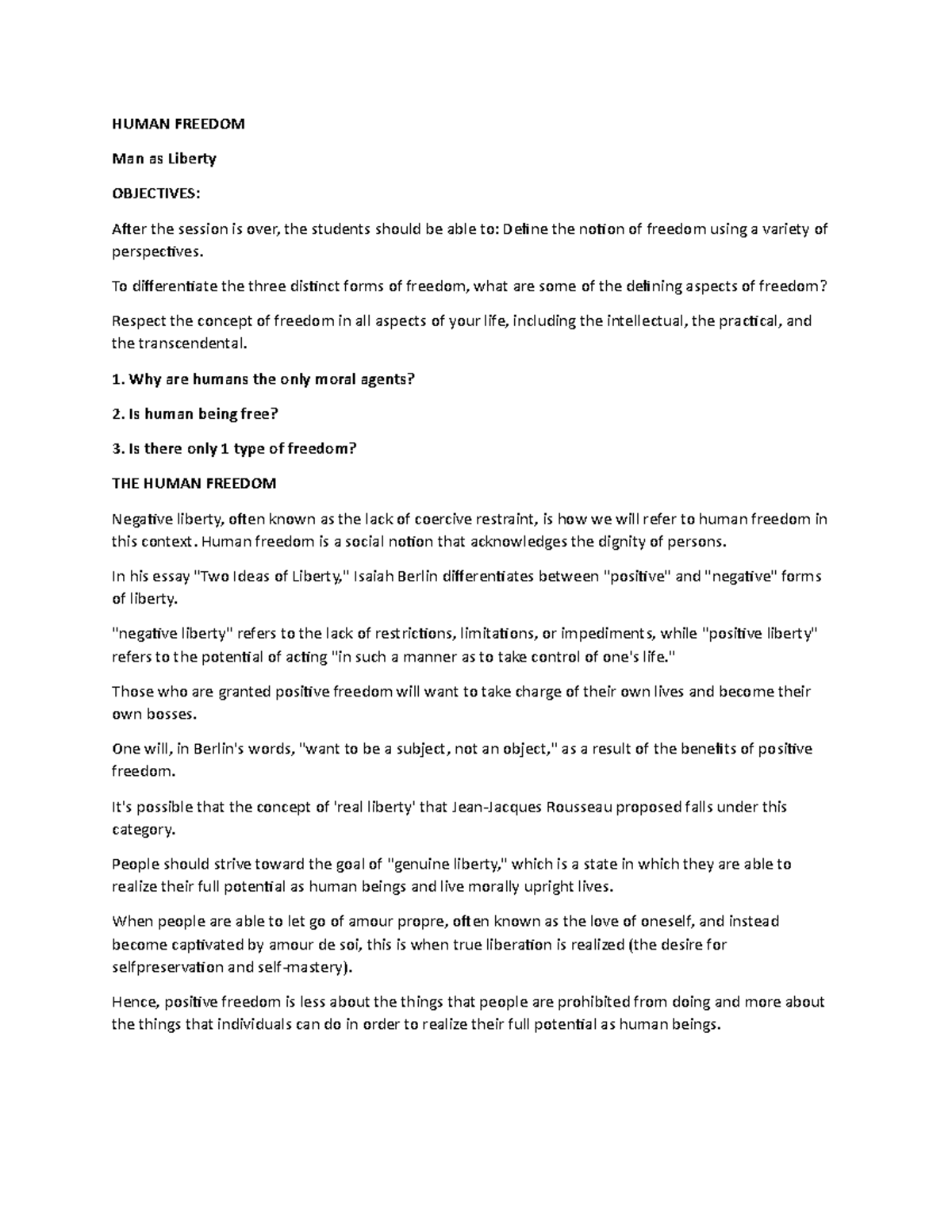 Human Freedom - HUMAN FREEDOM Man as Liberty OBJECTIVES: After the ...