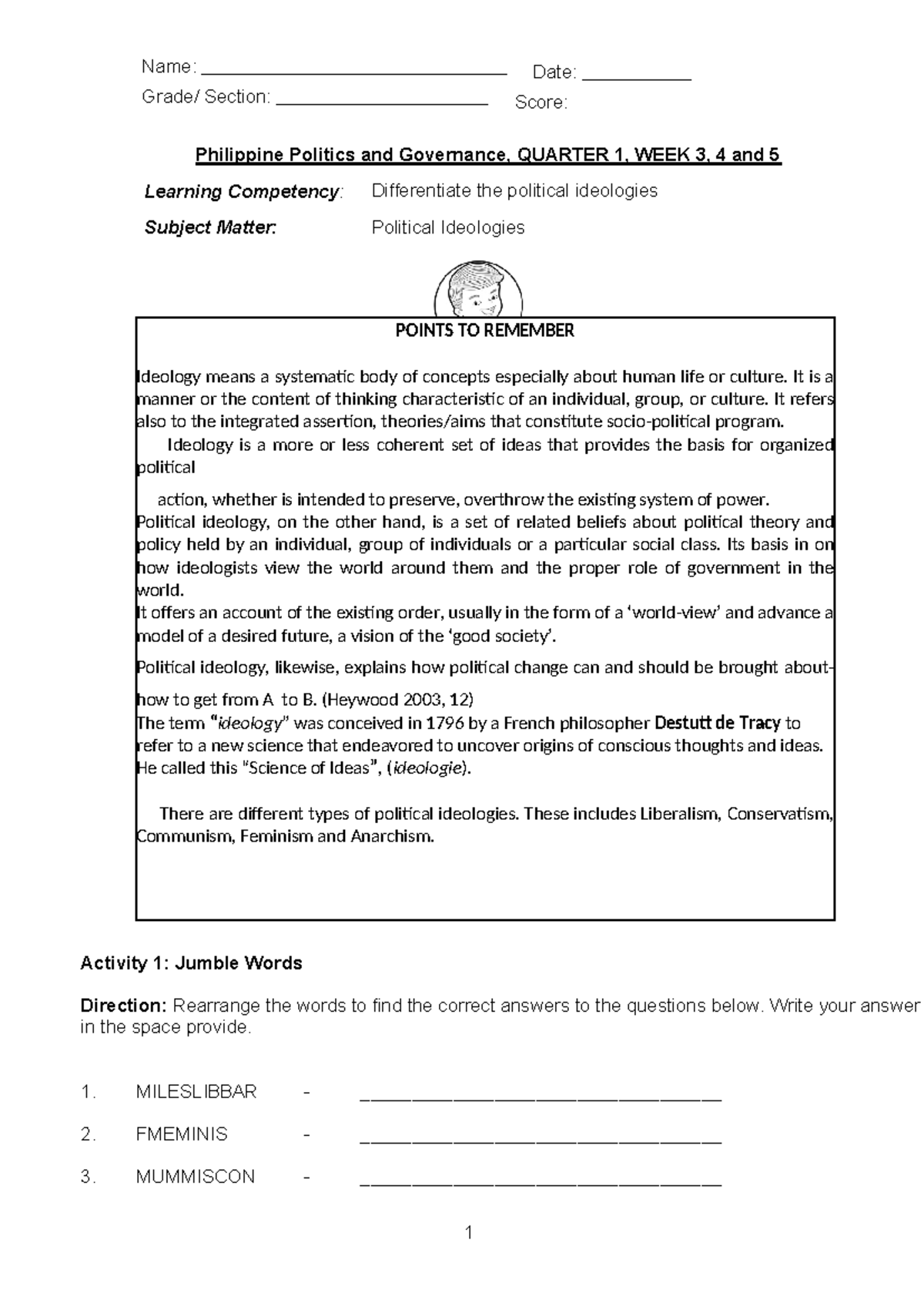 Pol Gov AS 1 - Pol Gov - 1 Name: Grade/ Section: Date: Score ...