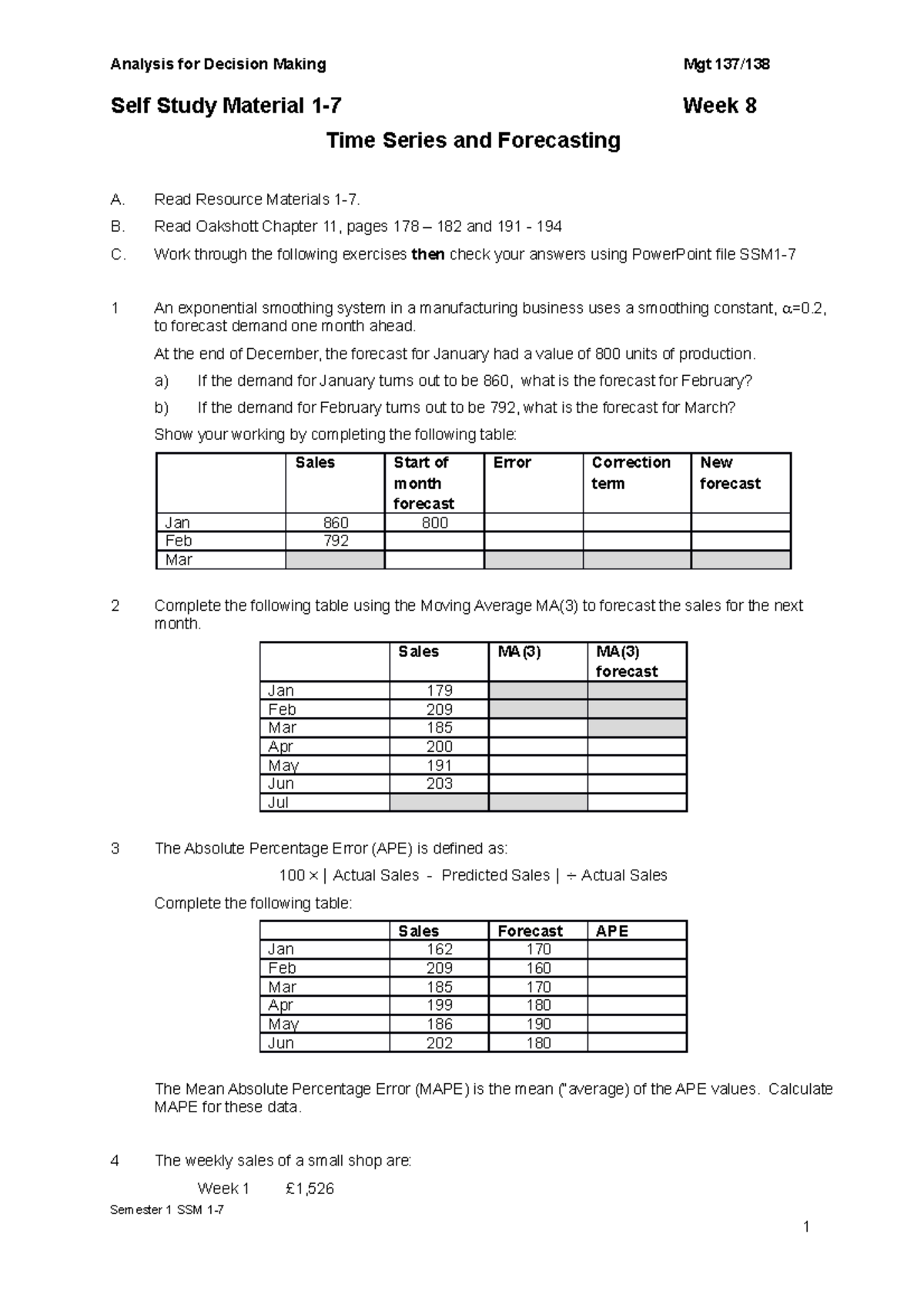 SSM 1-7 - Time Series and Forecasting questions - Analysis for Decision ...