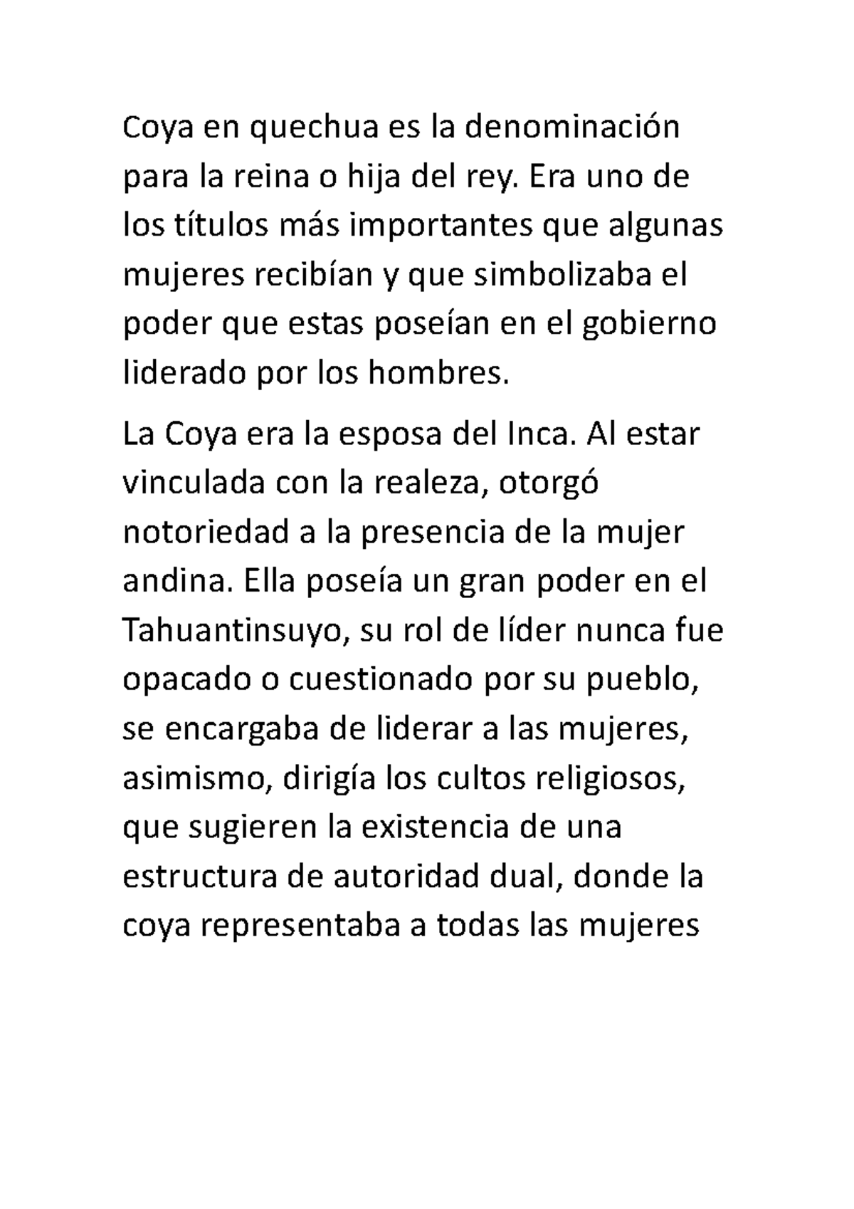 Coya en quechua es la denominación para la reina o hija del rey - Era ...