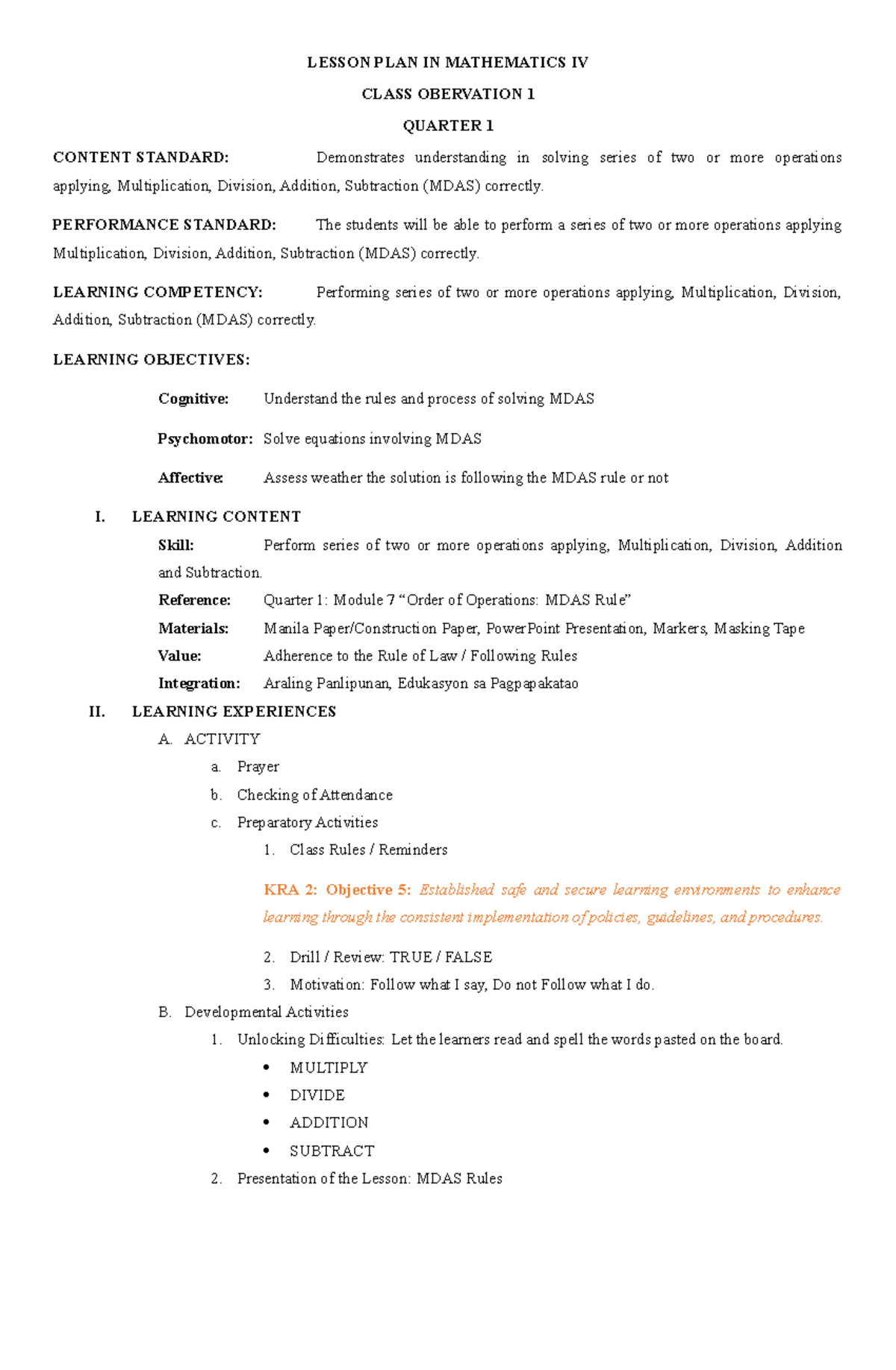 COT1 MATH4 23 - LESSON PLAN IN MATHEMATICS IV CLASS OBERVATION 1 ...