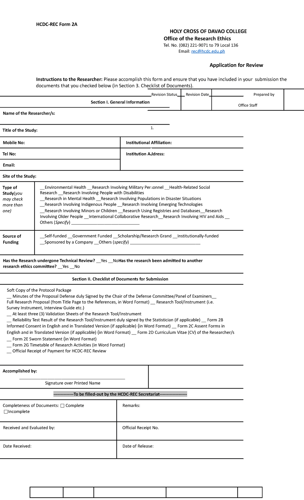 FORM 2A - Business Proposal Defense. - HCDC-REC Form 2A HOLY CROSS OF ...