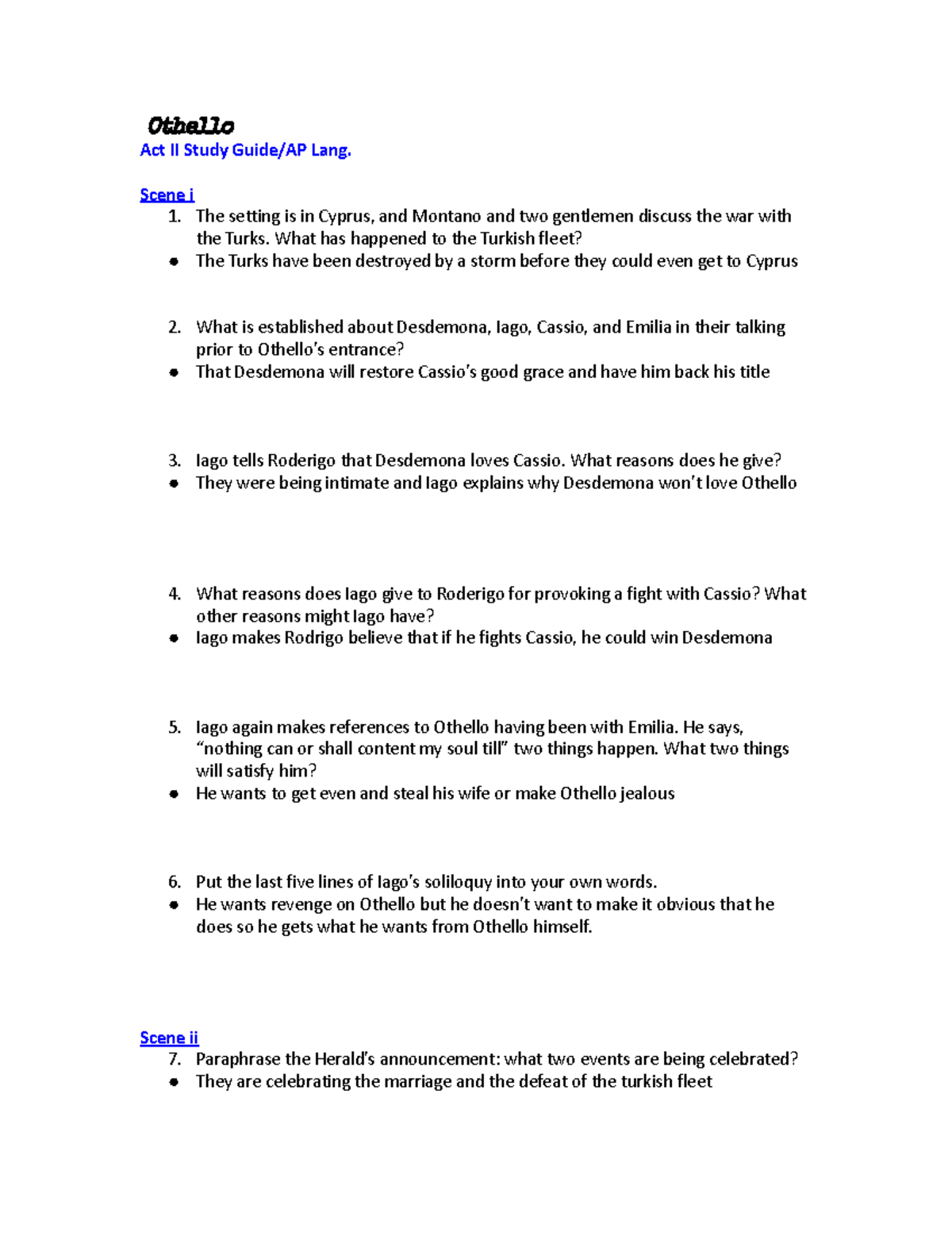 AP Act II Guide - Othello Act II Study Guide/AP Lang. Scene i 1. The ...