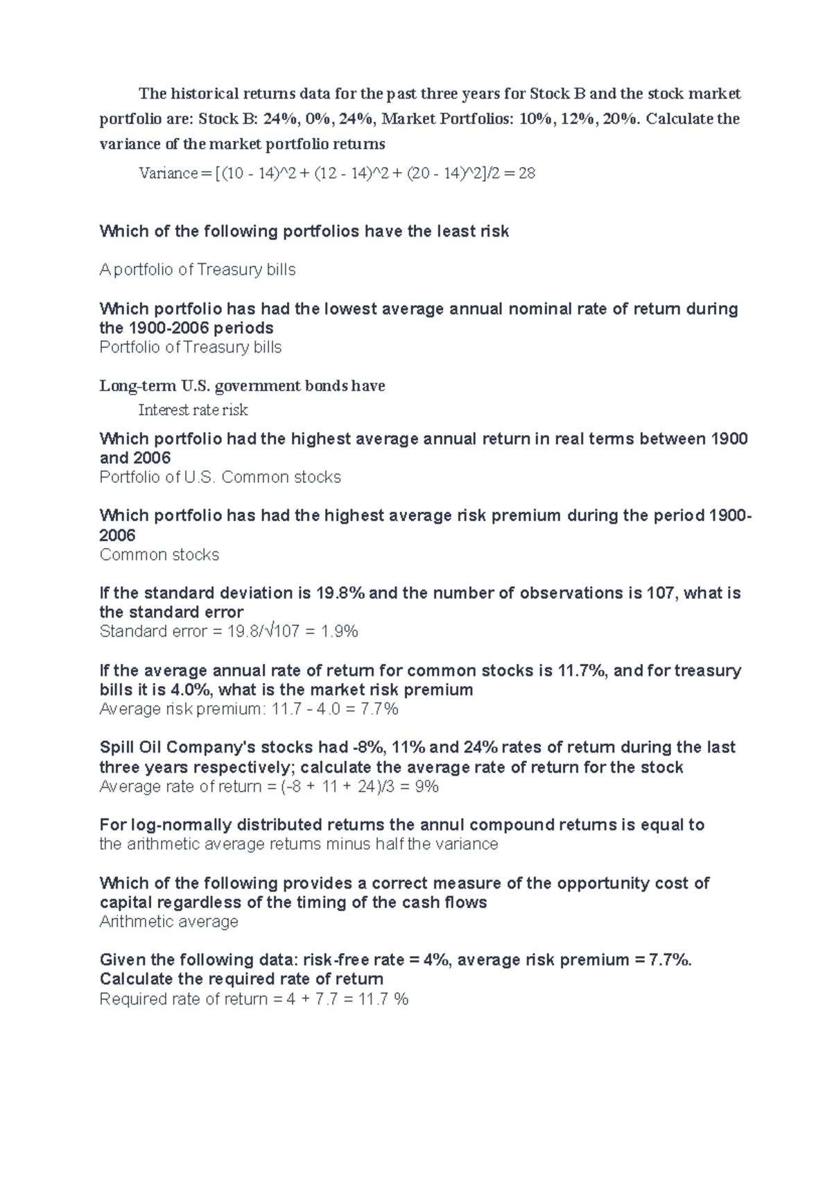 The historical returns data for the past three years for Stock B and ...