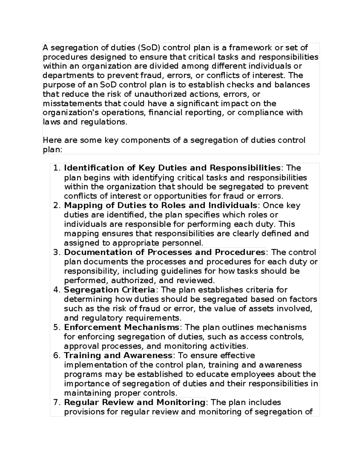 A segregation of duties - The purpose of an SoD control plan is to ...