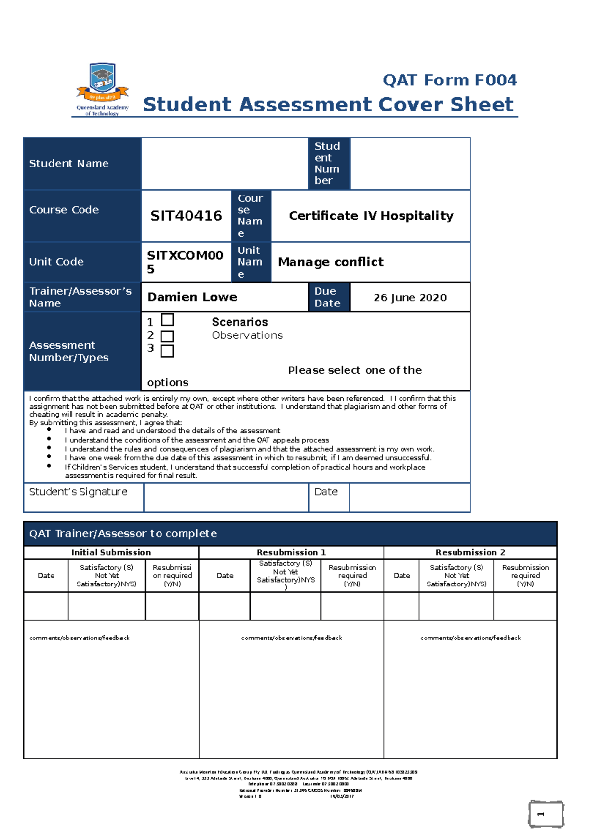 Sitxcom 005 - 1 (Manage conflict ) - QAT Form F Student Assessment ...