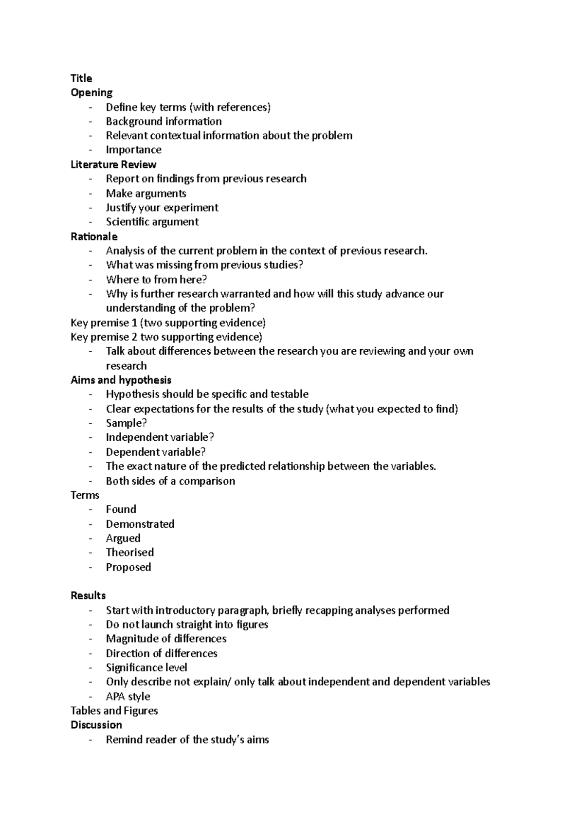 Psych lab report checklist - Title Opening - Define key terms (with ...