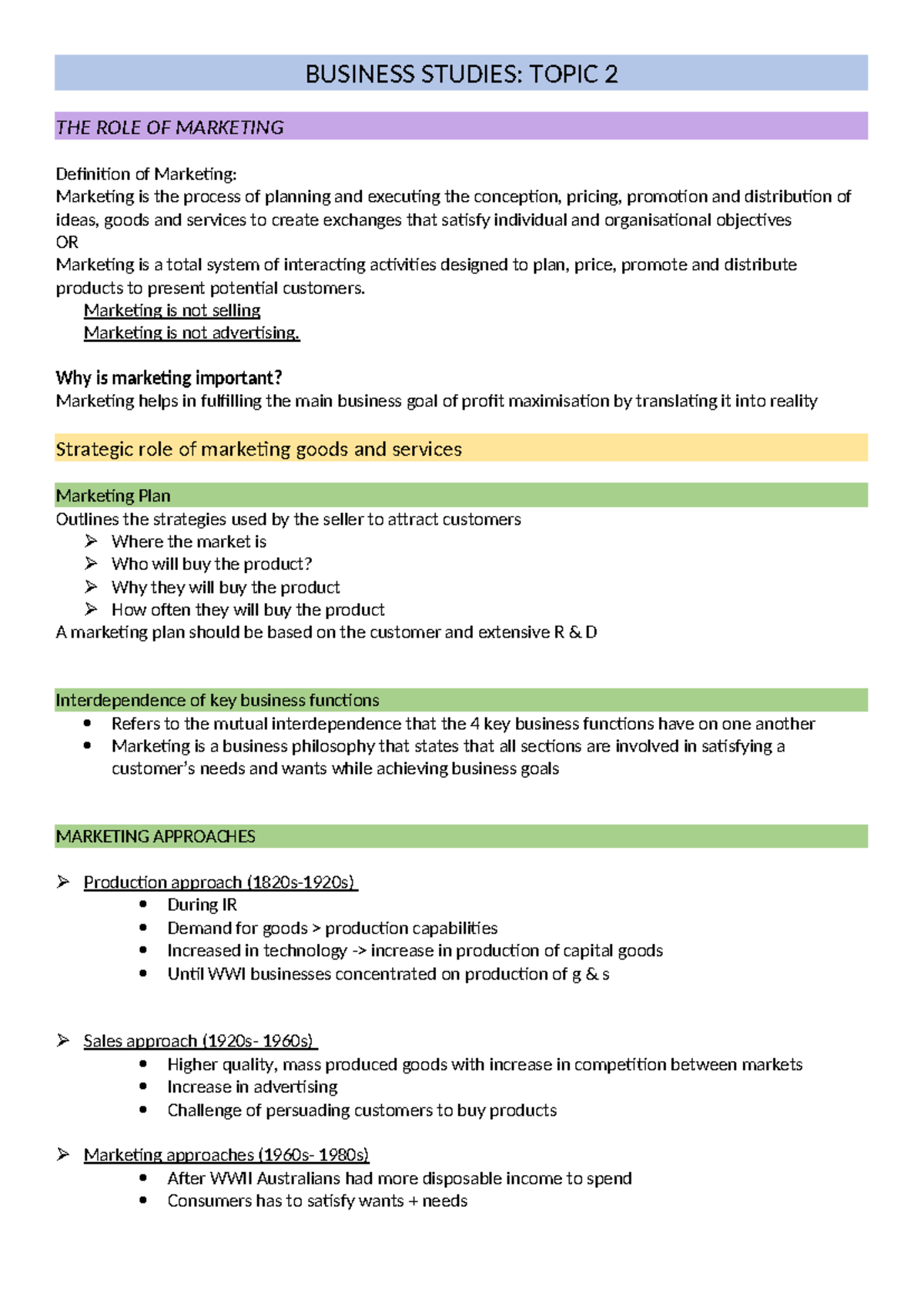 Business Studies Topic 2-Marketing - BUSINESS STUDIES: TOPIC 2 THE ROLE ...