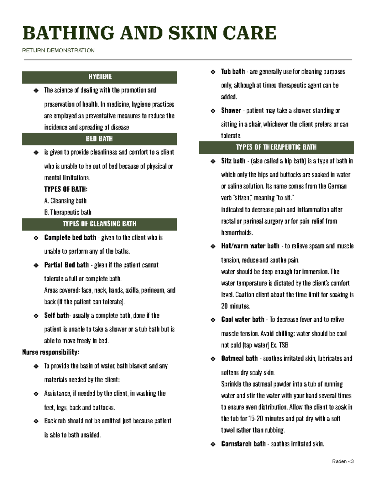 Bathing AND SKIN CARE Reviewer - BATHING AND SKIN CARE RETURN ...