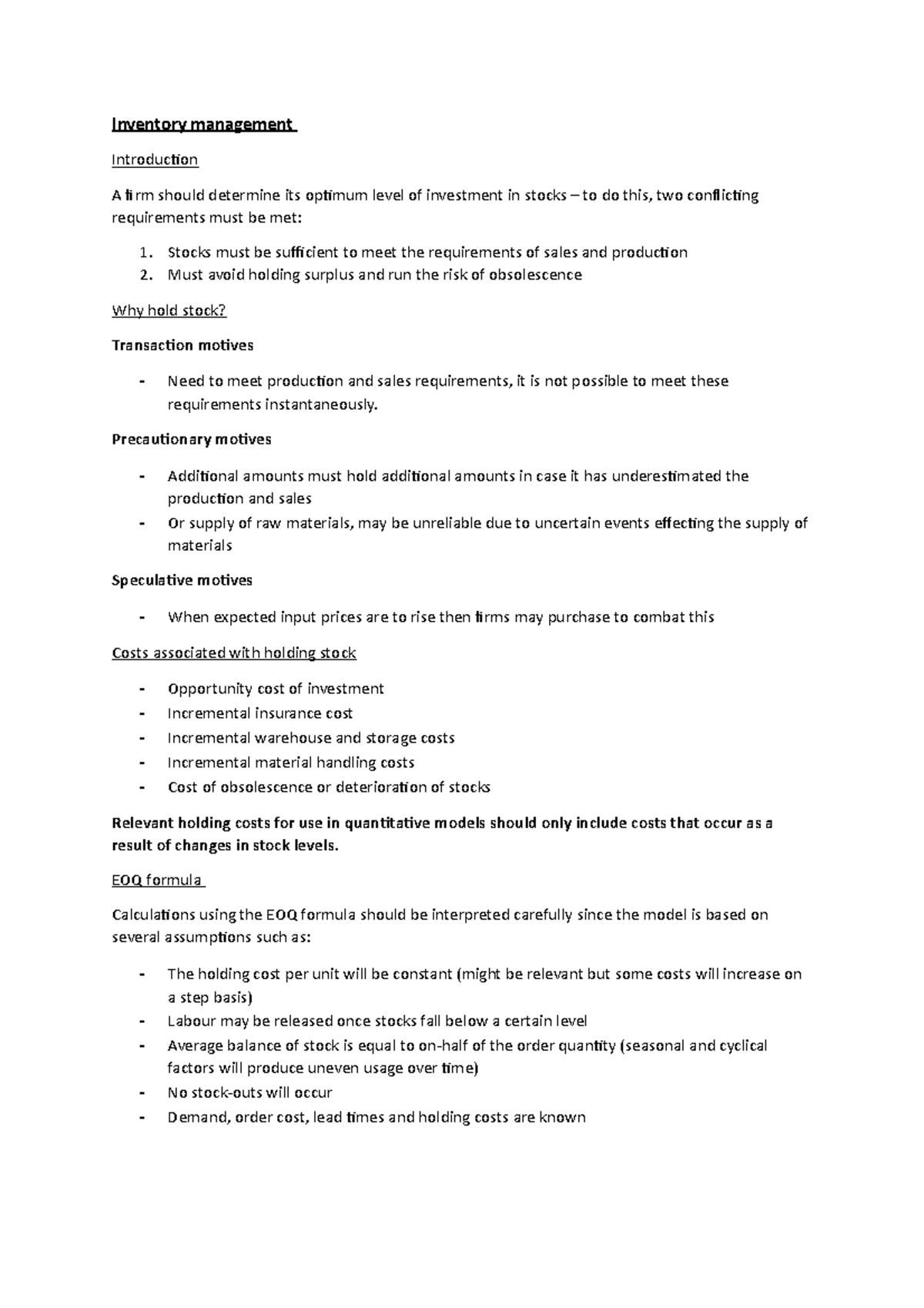 Management Accounting Decision Making and Control Notes - Inventory ...