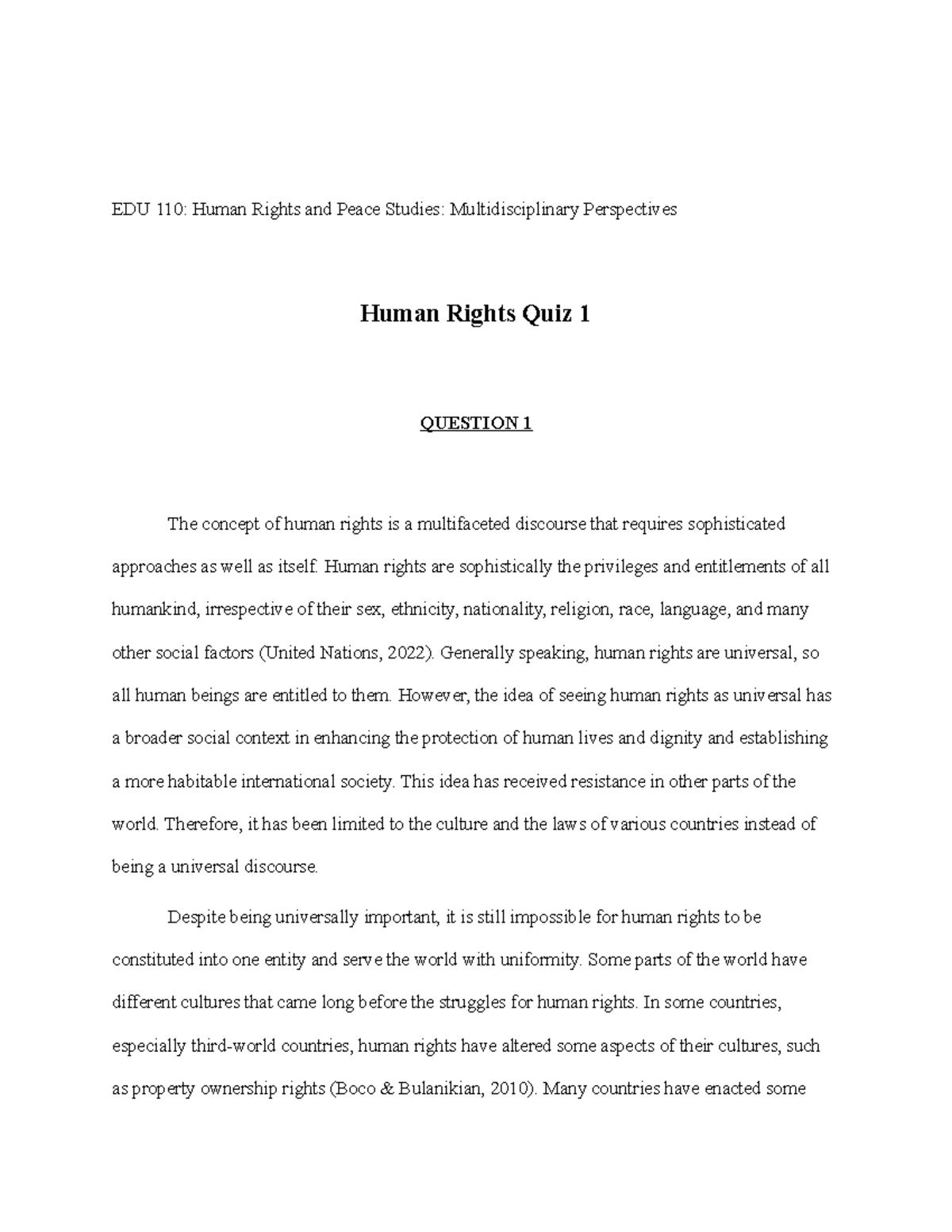Quiz1 - Human Rights Quiz 1 - EDU 110: Human Rights and Peace Studies ...