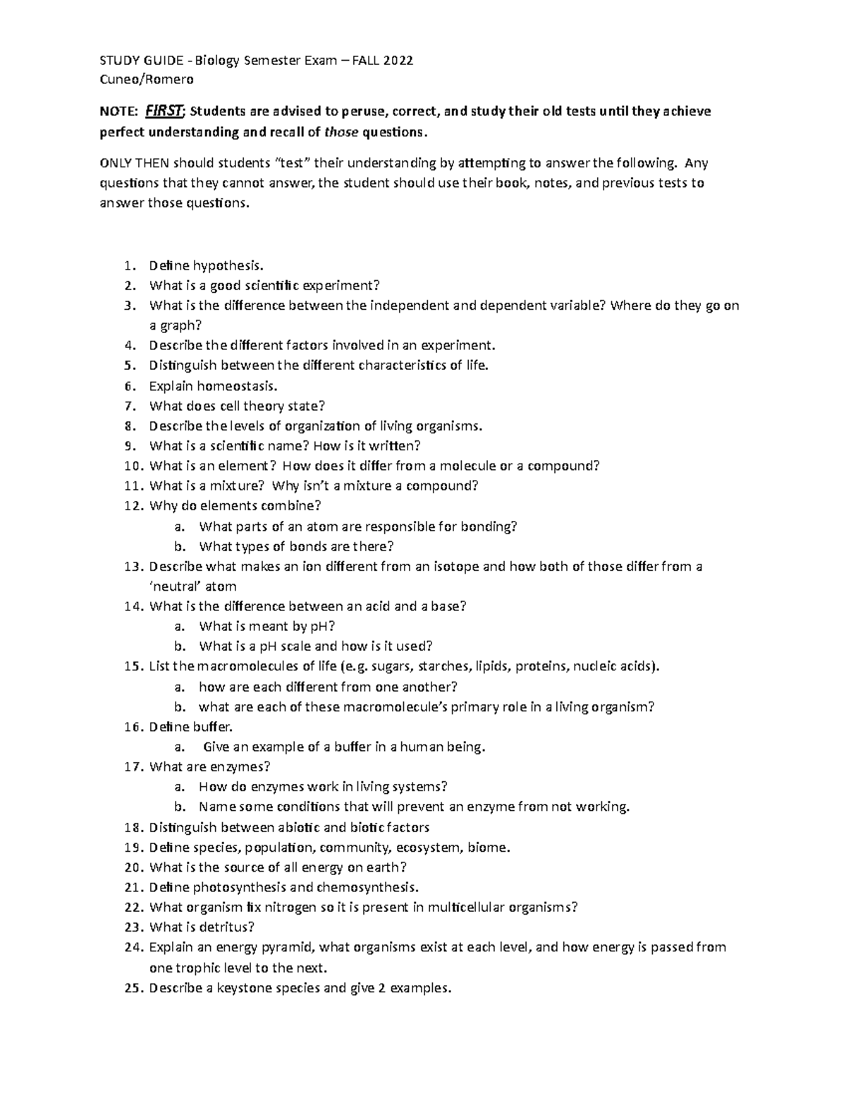 Fall Study Guide 2022 - jnb - STUDY GUIDE - Biology Semester Exam ...