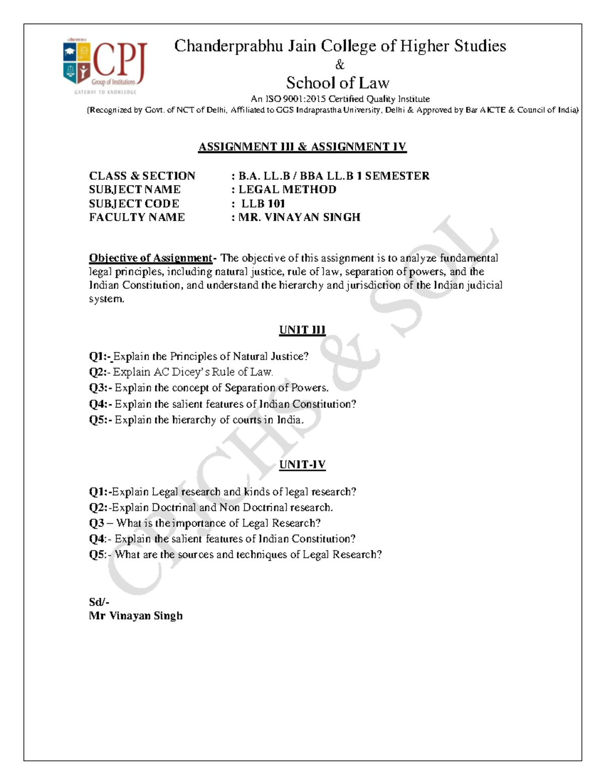 UNIT 3&4 Assignments LLB 101 BA LLB (A+B)& BBA LLB (MR Vinayan Singh ...