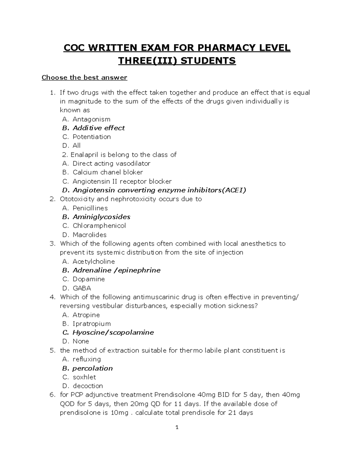 COC Written EXAM FOR Pharmacy Level Three Students-1 - COC WRITTEN EXAM ...