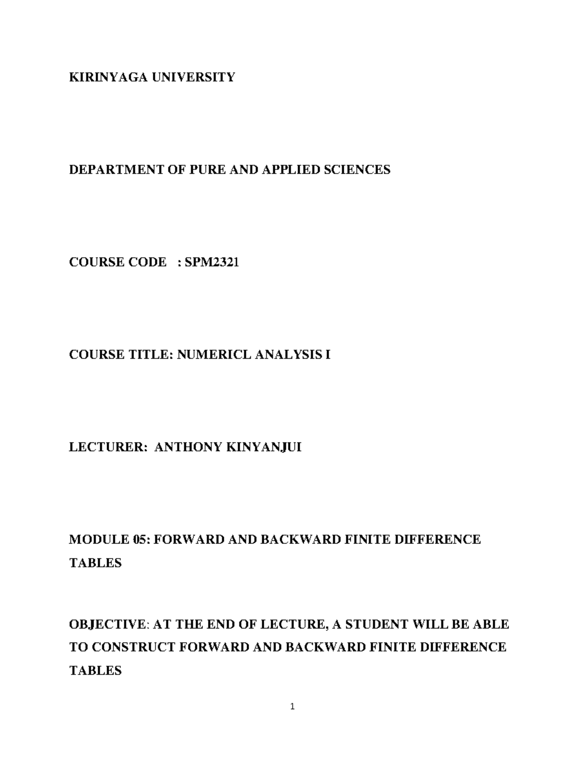 Numerical Analysis Module 05 - KIRINYAGA UNIVERSITY DEPARTMENT OF PURE ...