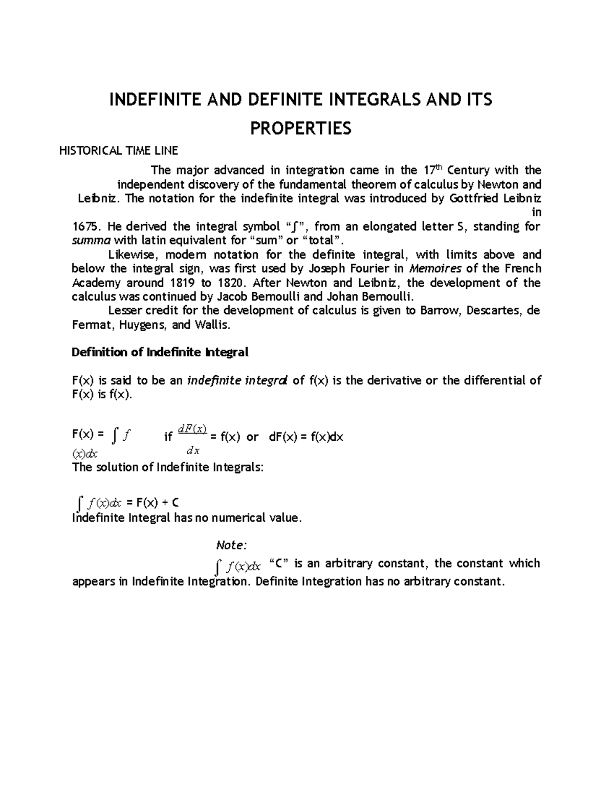 Indefinite AND Definite Integrals AND ITS Properties - INDEFINITE AND ...