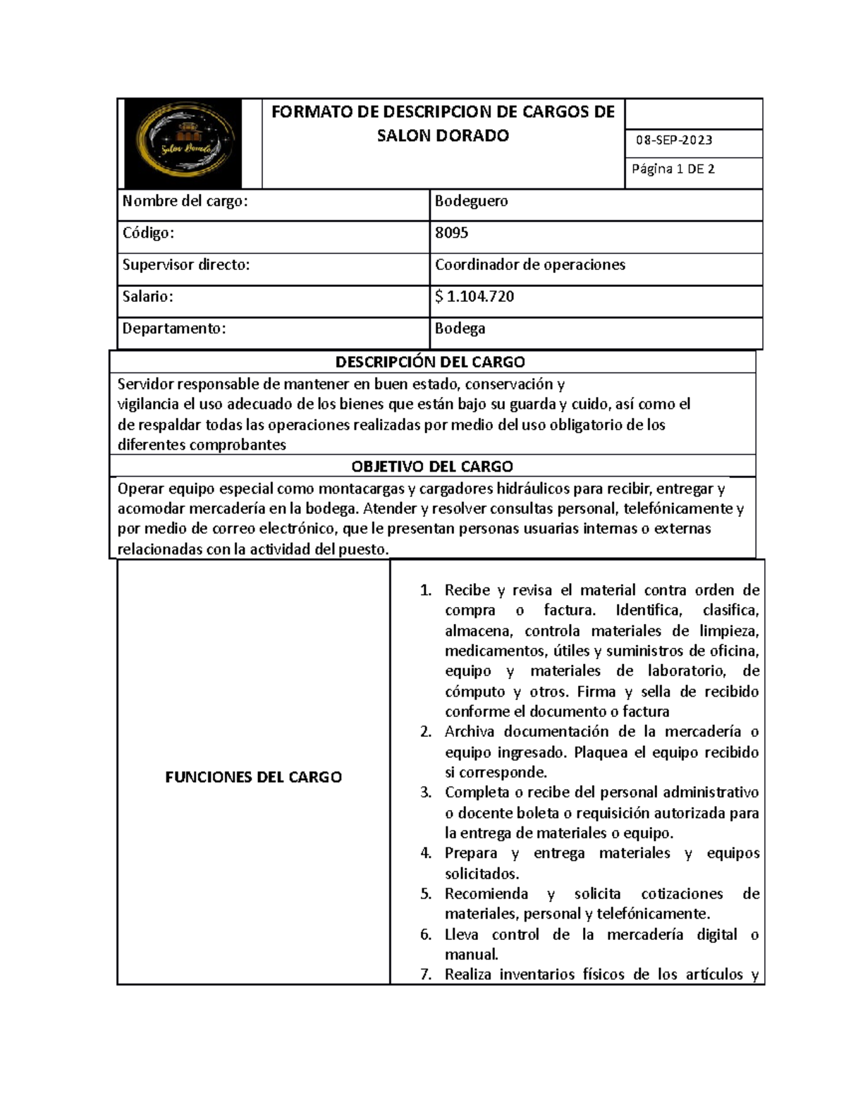 Formato DE Descripcion DE Cargos (Bodeguero) DE Salon Dorado - FORMATO DE DESCRIPCION DE CARGOS ...