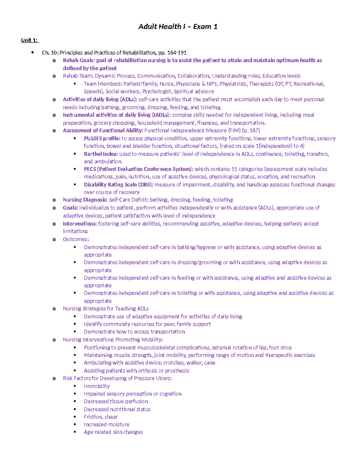 3250 Adult Health Exam 1 - Adult Health I – Exam 1 Unit 1: Ch. 10 ...