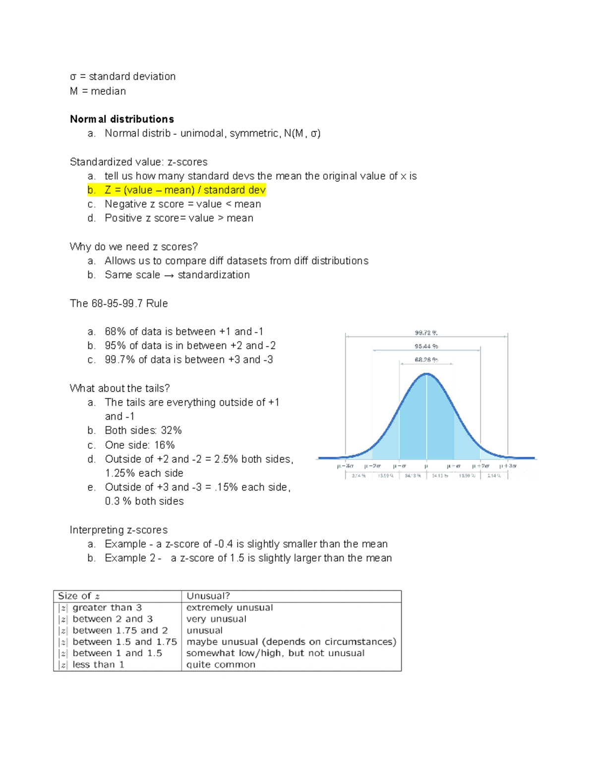 Stat week 5 notes (9 26-30) - σ = standard deviation M = median Normal ...