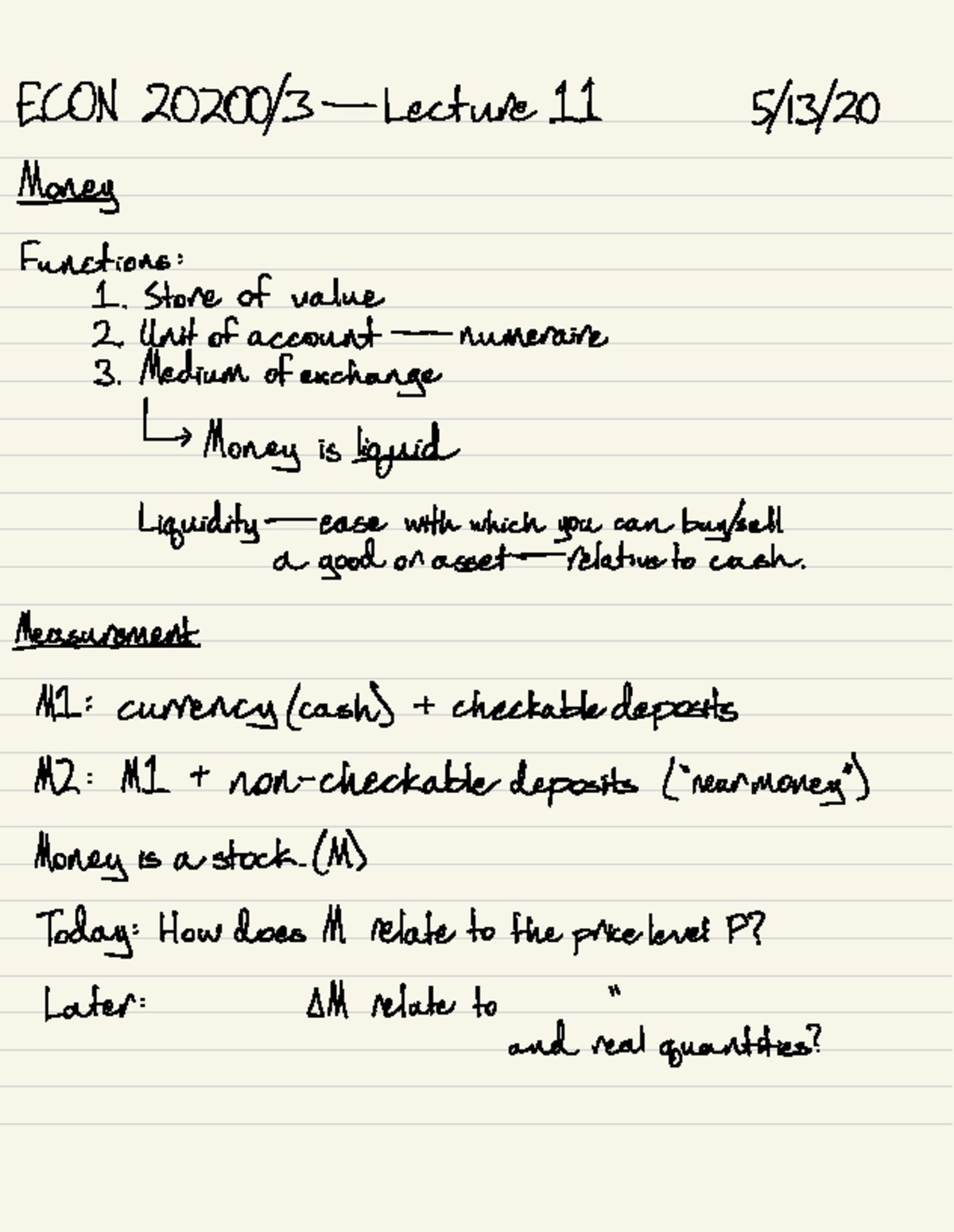 Lecture 11 - ECON 20200/ Lecture II 5/13/ Money Functions : I . Stone of value Unit of account ...