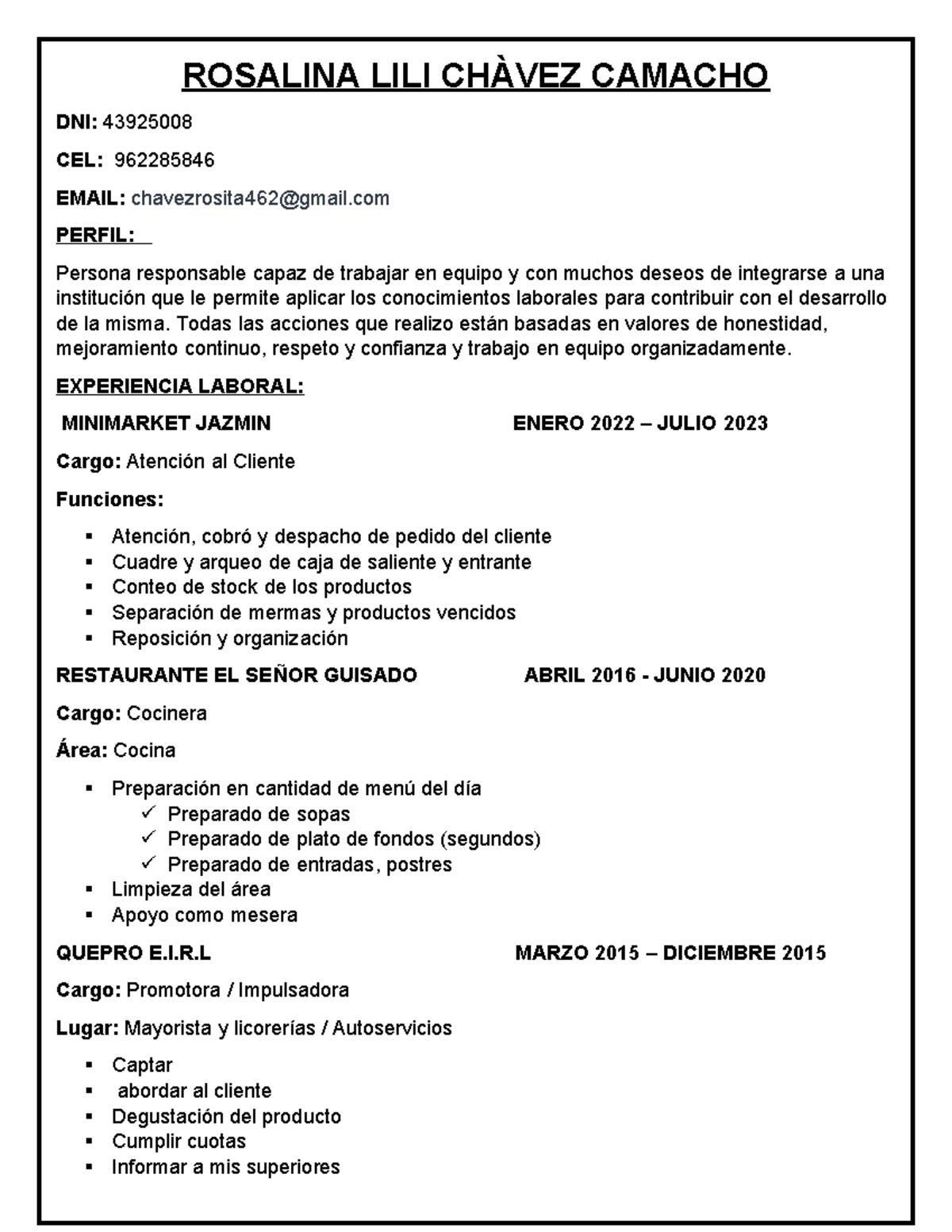 CV - Se genera ejemplo de cv - ROSALINA LILI CHÀVEZ CAMACHO DNI ...