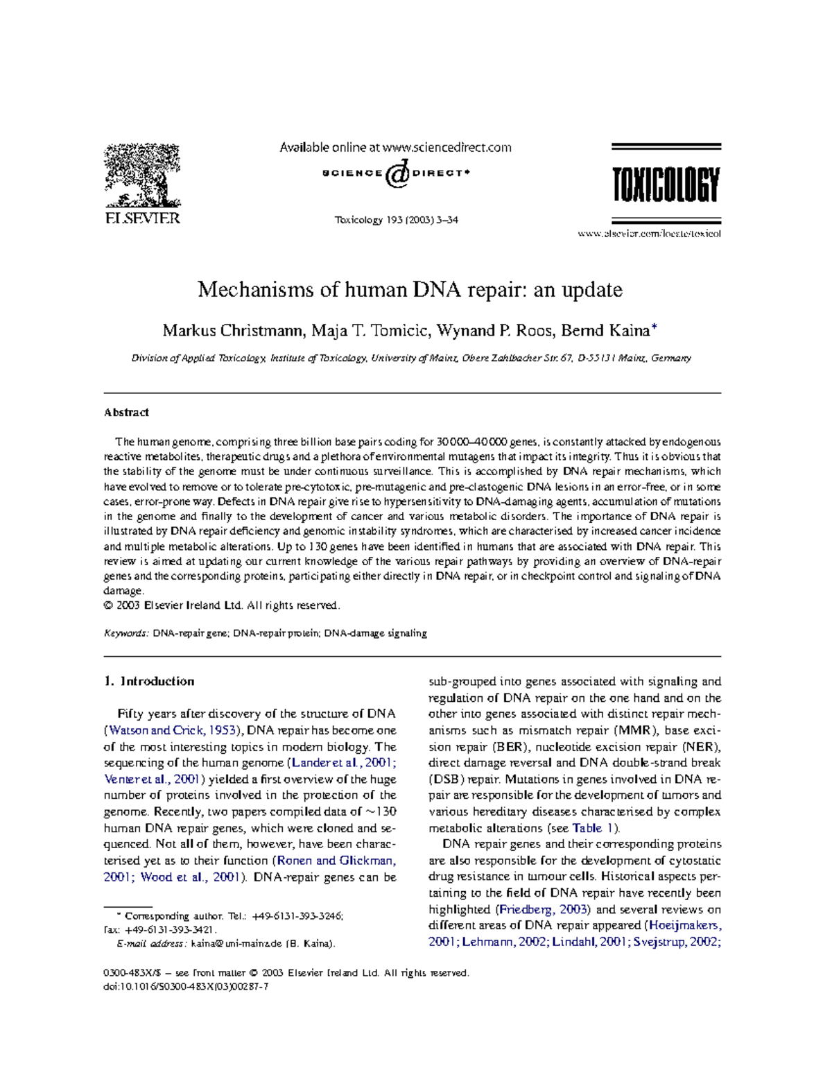 DNARepair Mechanisms Review 2003 - Toxicology 193 (2003) 3– Mechanisms ...