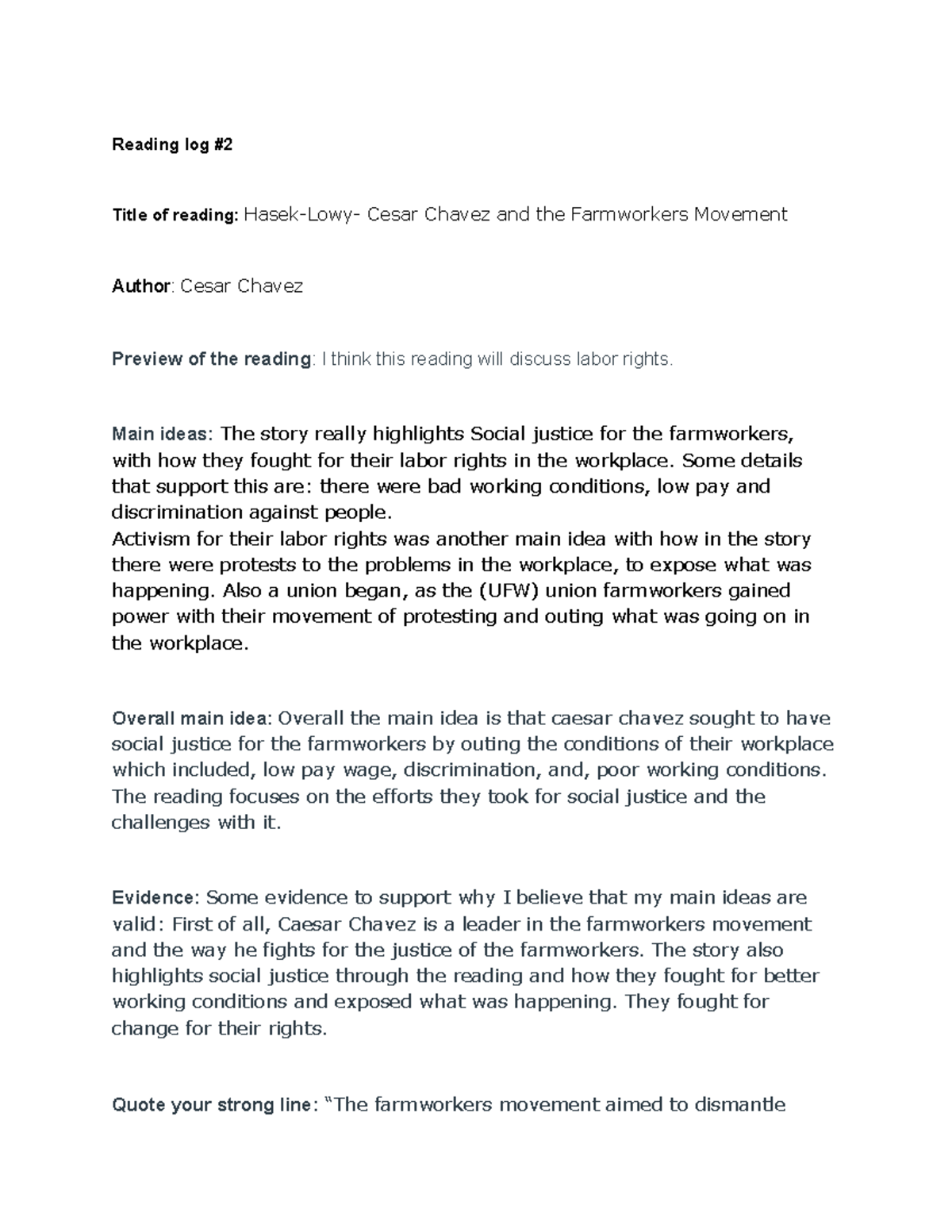 Reading log #2 - n/a - Reading log # Title of reading: Hasek-Lowy ...