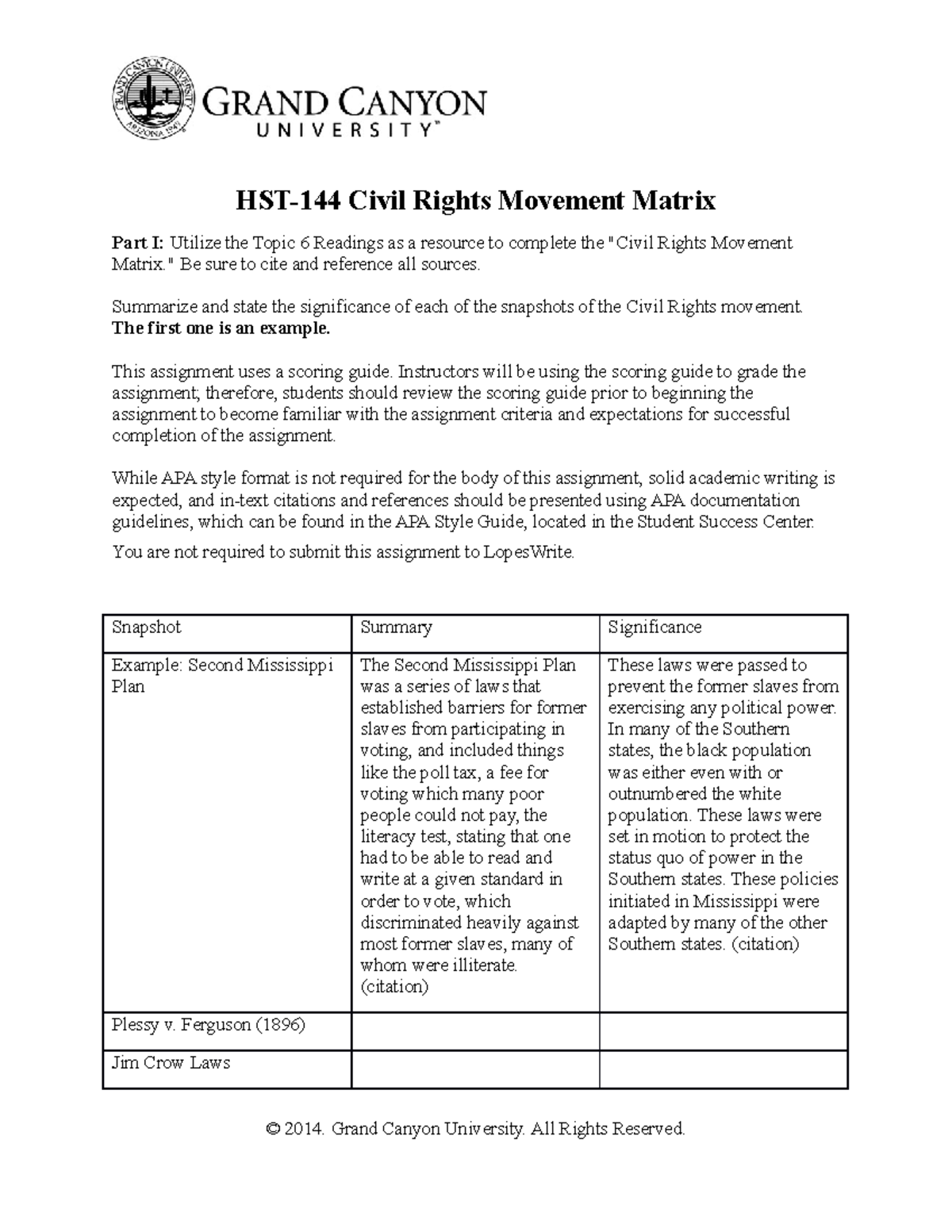 HIS144 Civil Rights Movement Matrix - HST-144 Civil Rights Movement ...