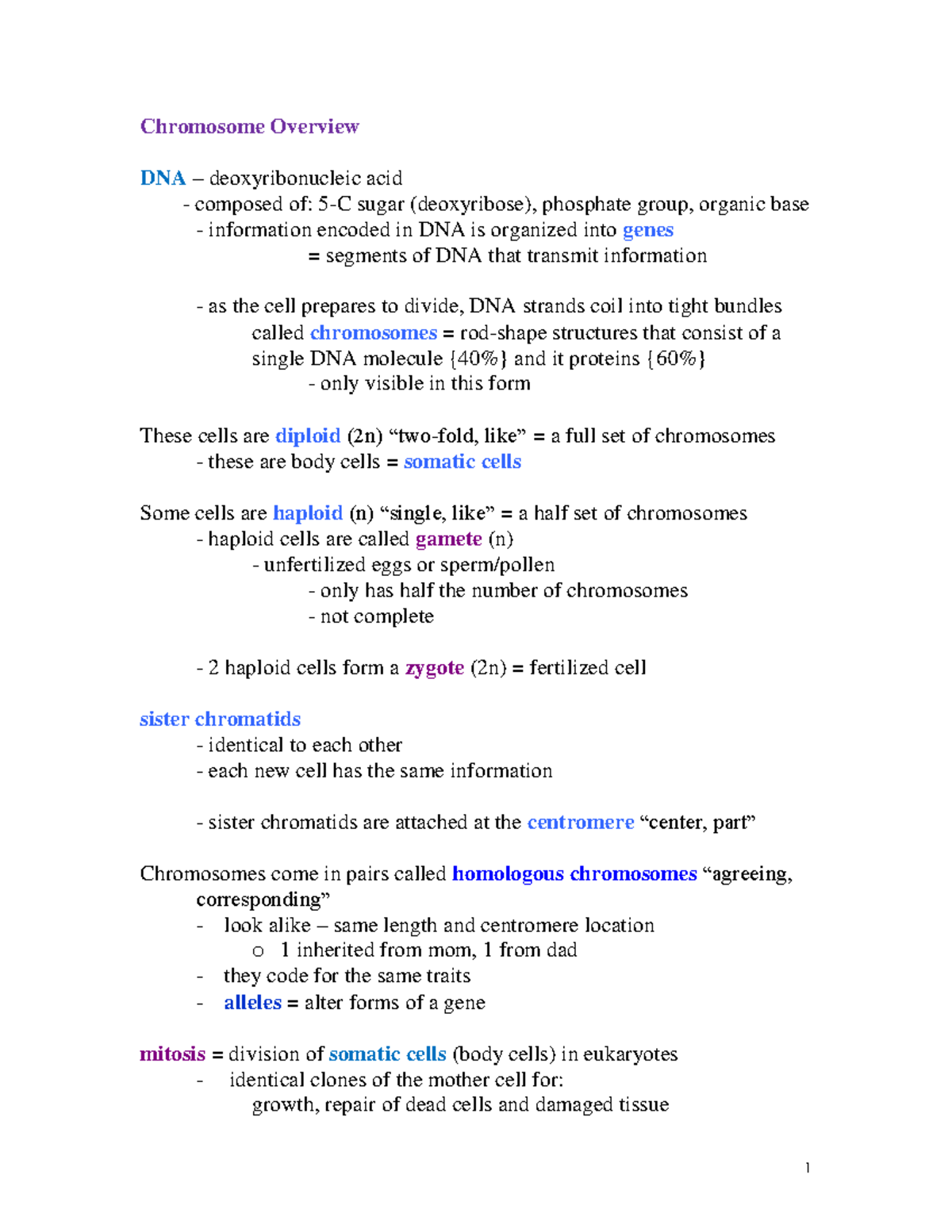 106 Chapter 10 (genetics) - Chromosome Overview DNA – deoxyribonucleic ...