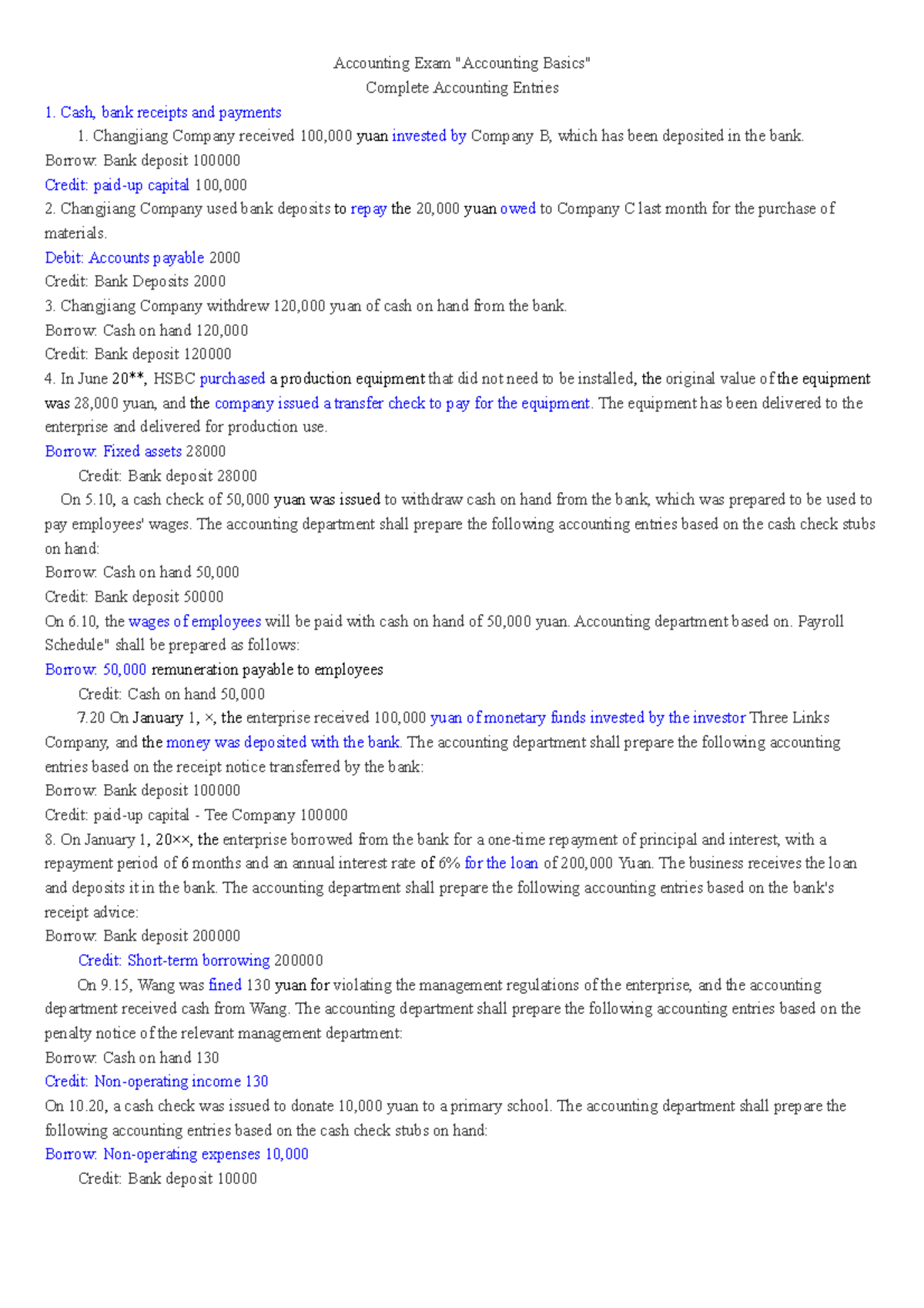 Complete Accounting Entries - Accounting Exam "Accounting Basics ...