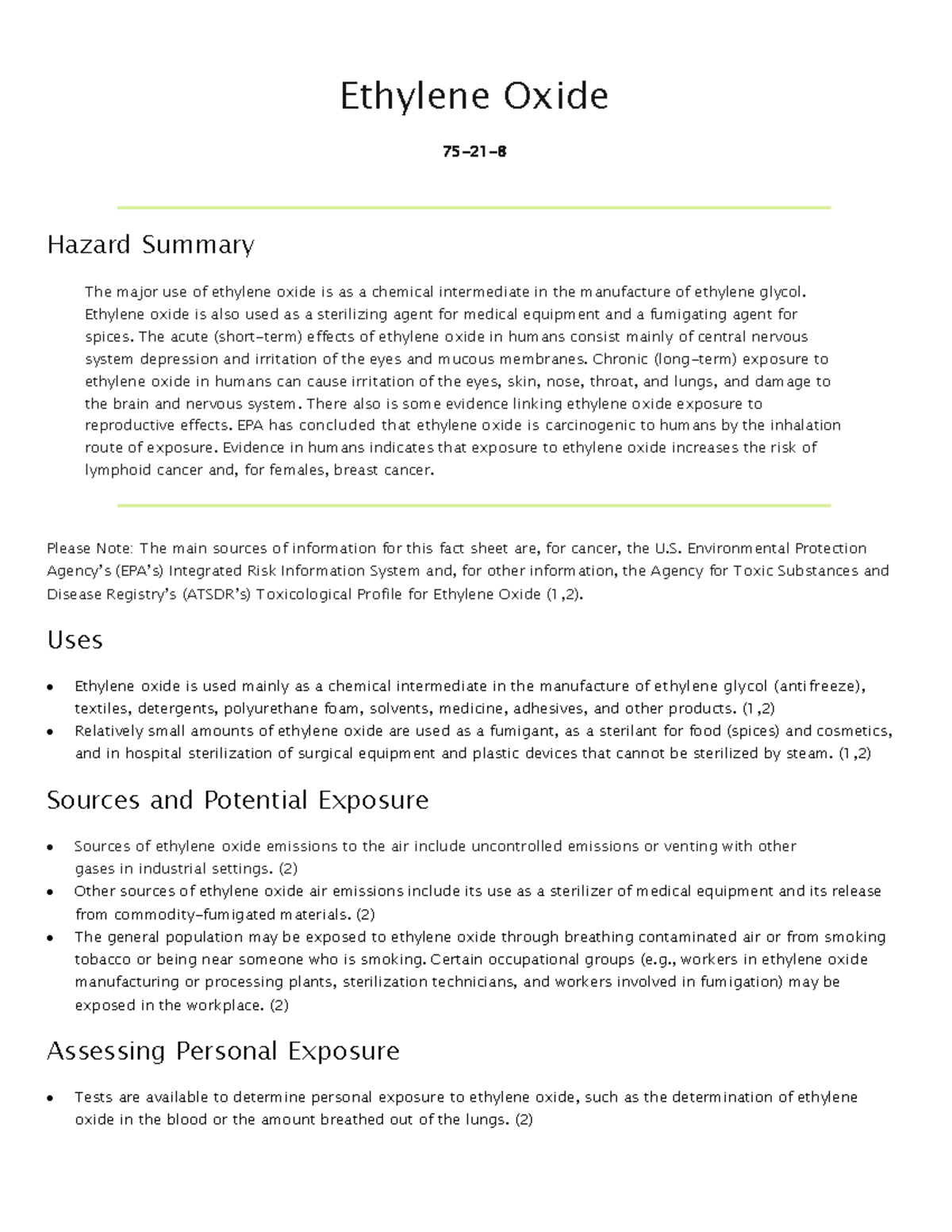 EPA Official Ethylene-Oxide - Ethylene Oxide 75-21- Hazard Summary The ...