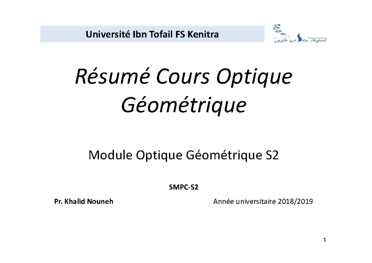 Cour de optique - Résumé Cours Optique Géométrique Université Ibn ...
