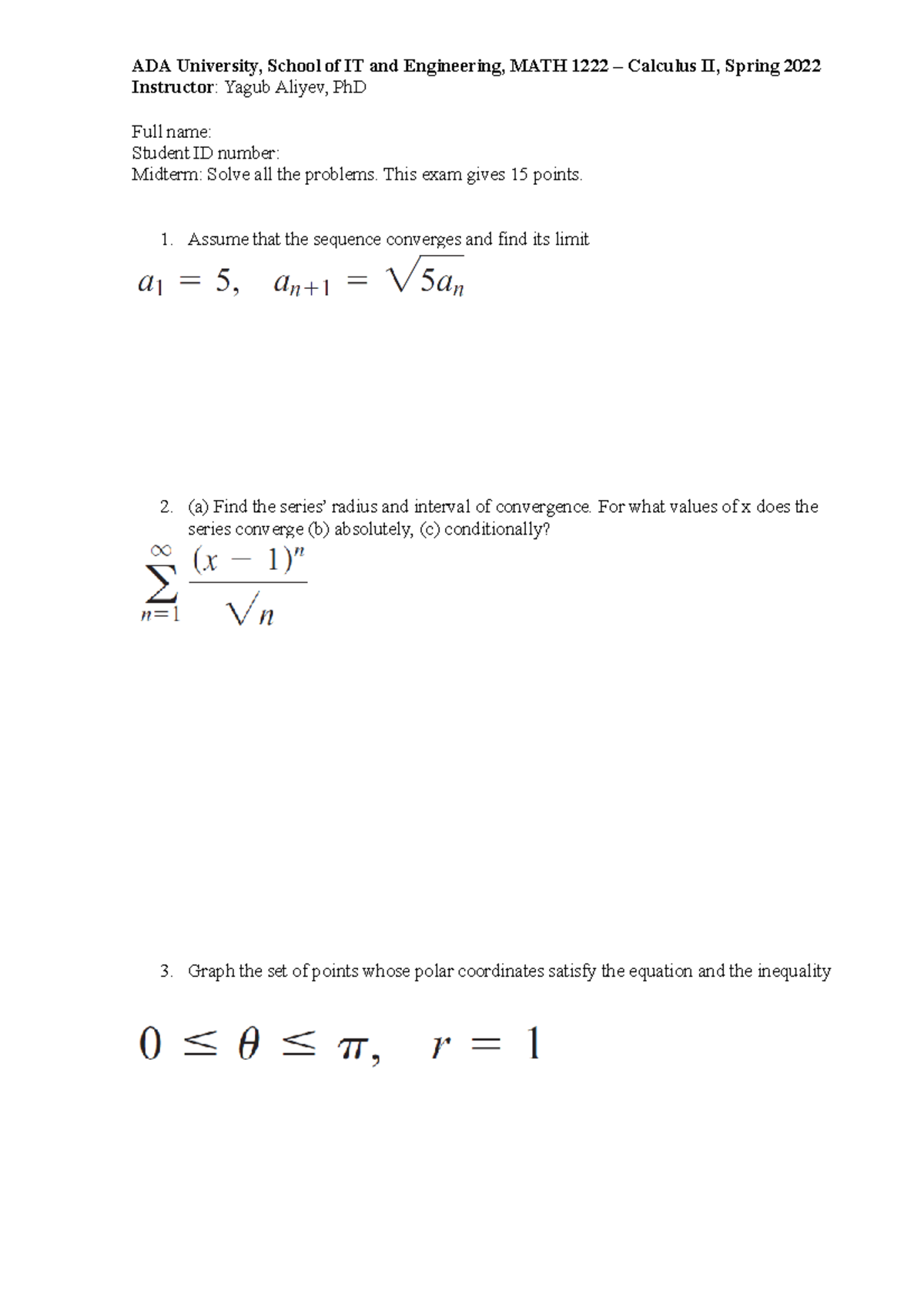 Calculus 2Midterm B 2022 - ADA University, School of IT and Engineering ...