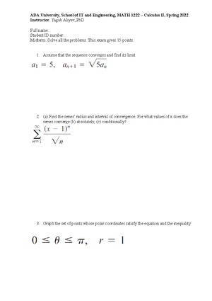 Calculus 2Midterm E 2022 - ADA University, School of IT and Engineering ...
