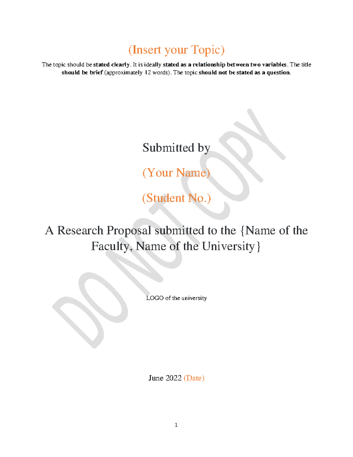 Research Proposal Format - (Insert your Topic) The topic should be ...