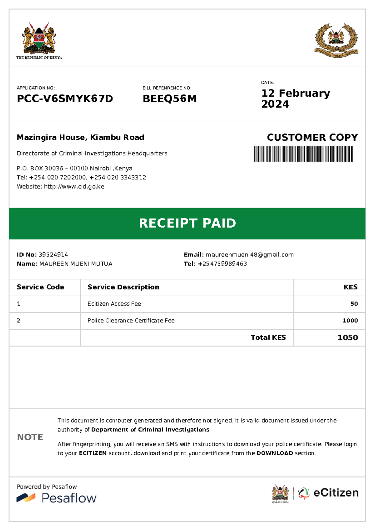 PCC-V6SMYK67D-DCI Receipt - APPLICATION NO: PCC-V6SMYK67D BILL ...