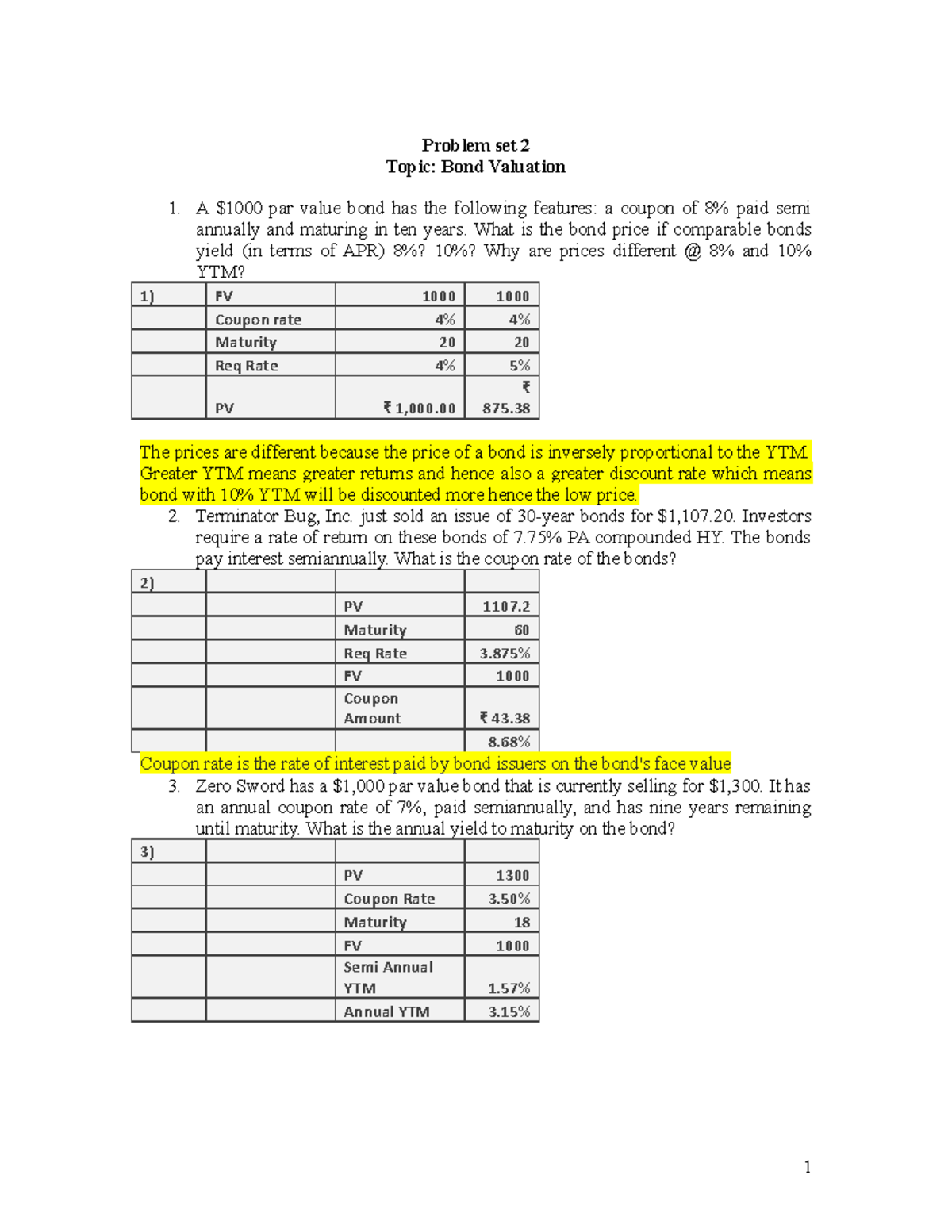 Financial Management and Instruments Bonds Valuation - Problem set 2 ...