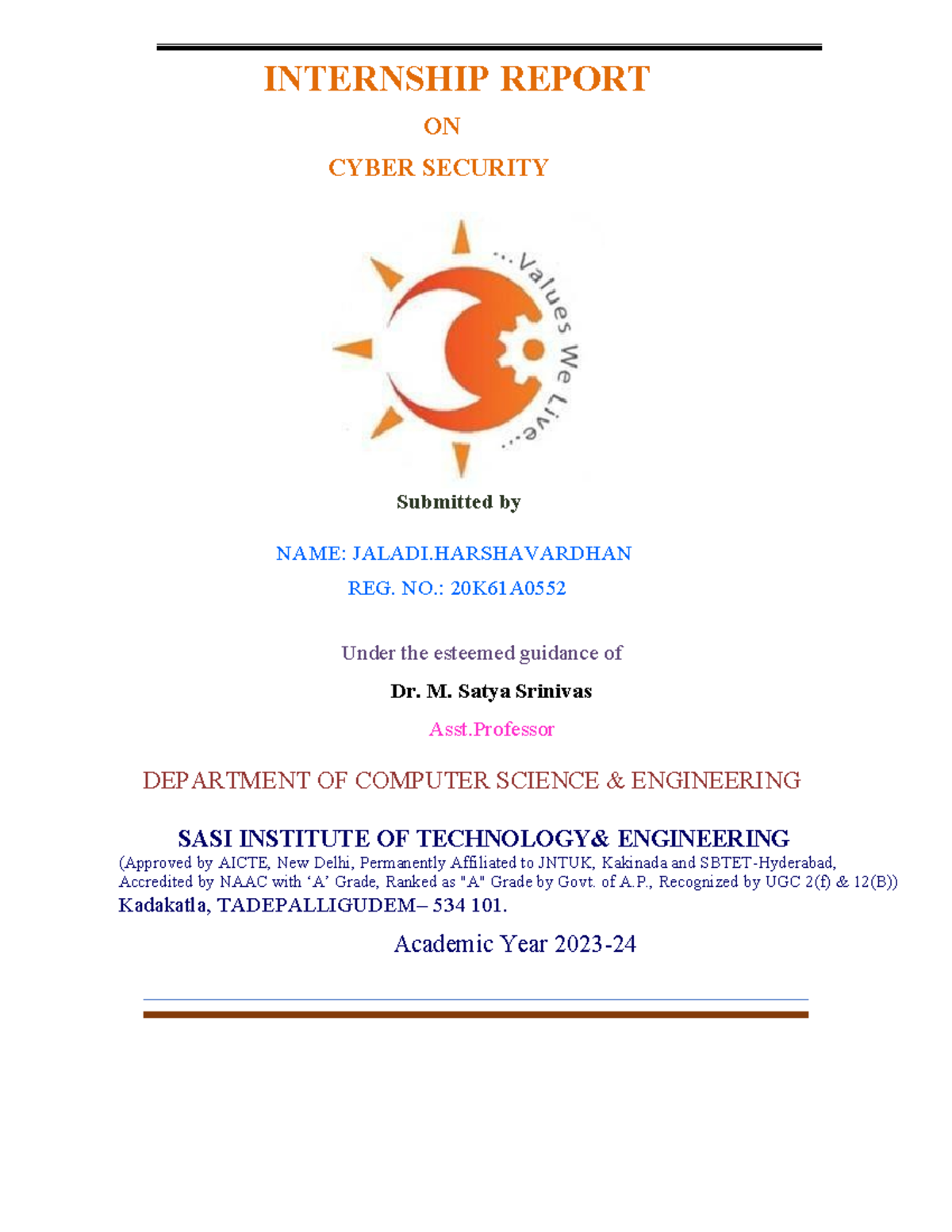 Harsha internship report-1 - INTERNSHIP REPORT ON CYBER SECURITY Submitted by NAME: JALADI REG ...