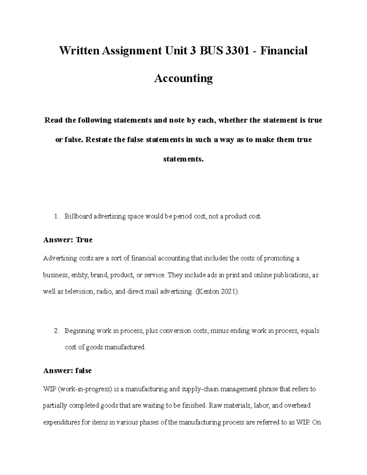 BUS 3301 Personal Finance Written Assignment unit 3 - Written ...